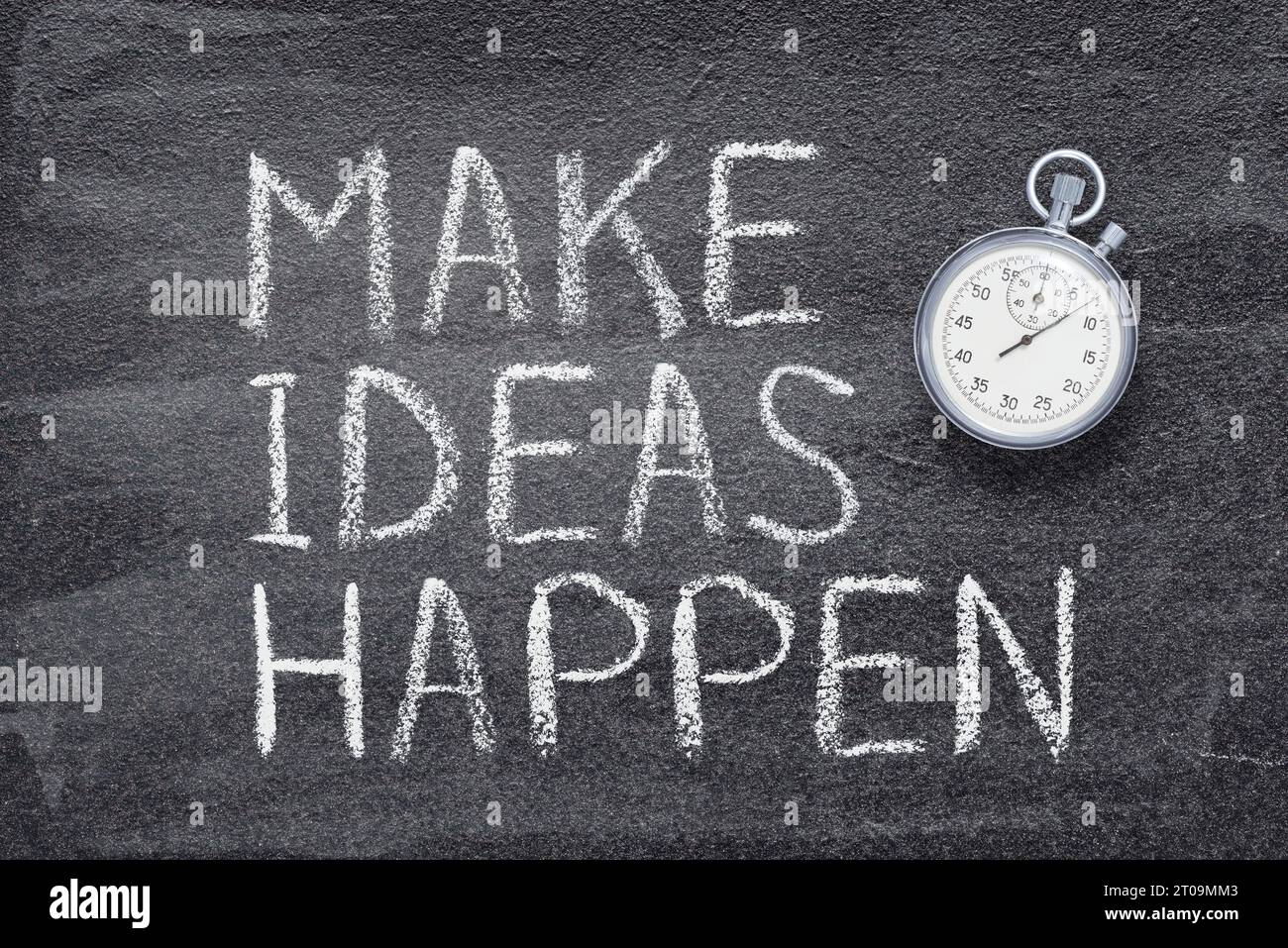 make ideas happen phrase written on chalkboard with vintage precise stopwatch Stock Photo - Alamy