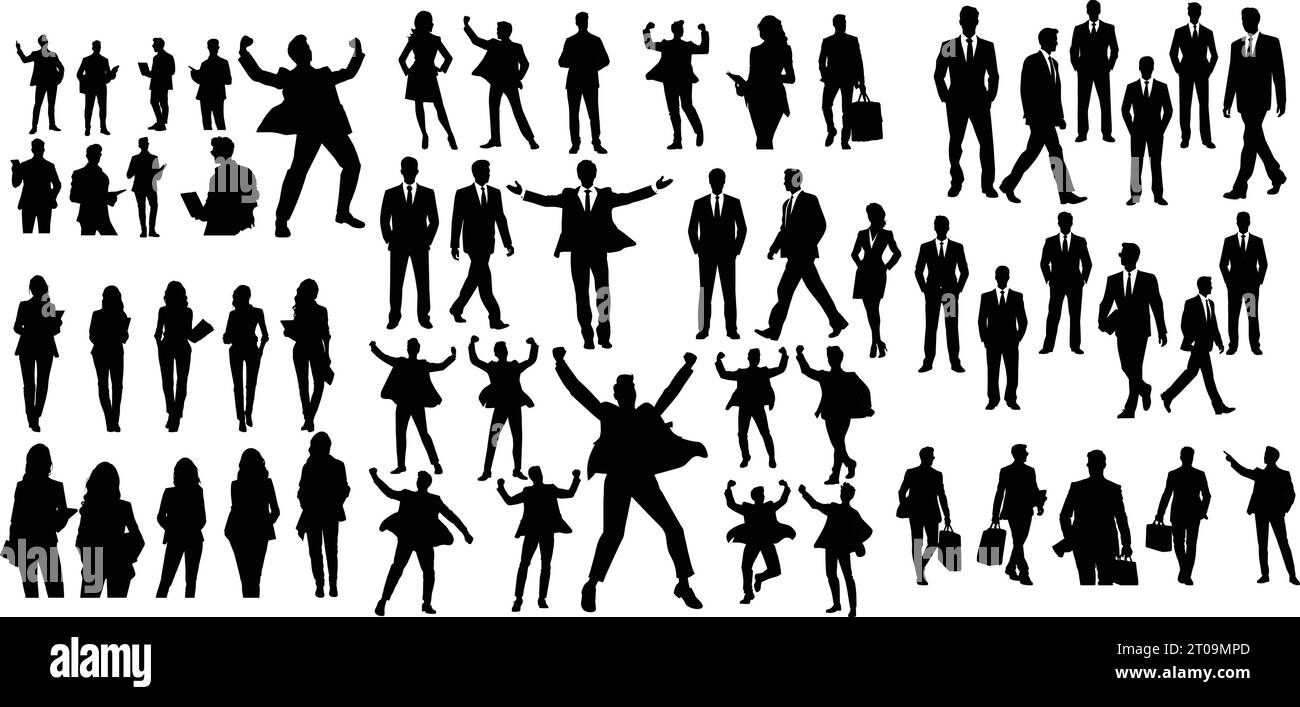 Silhouettes of business people walking, men and women full length front ...