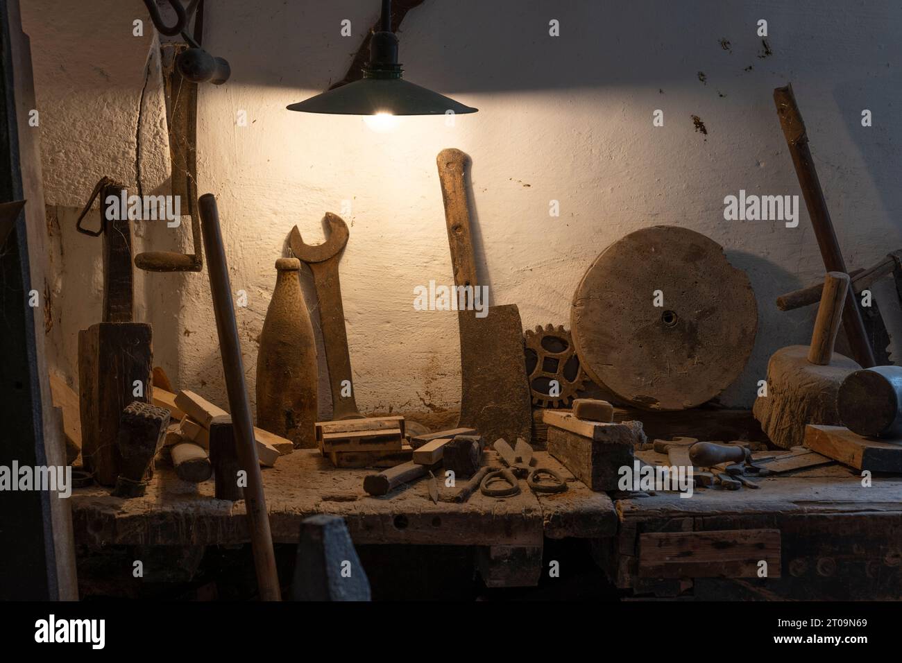 Historic, workshop with workbench and old tools. Water mill Wilhelm ...