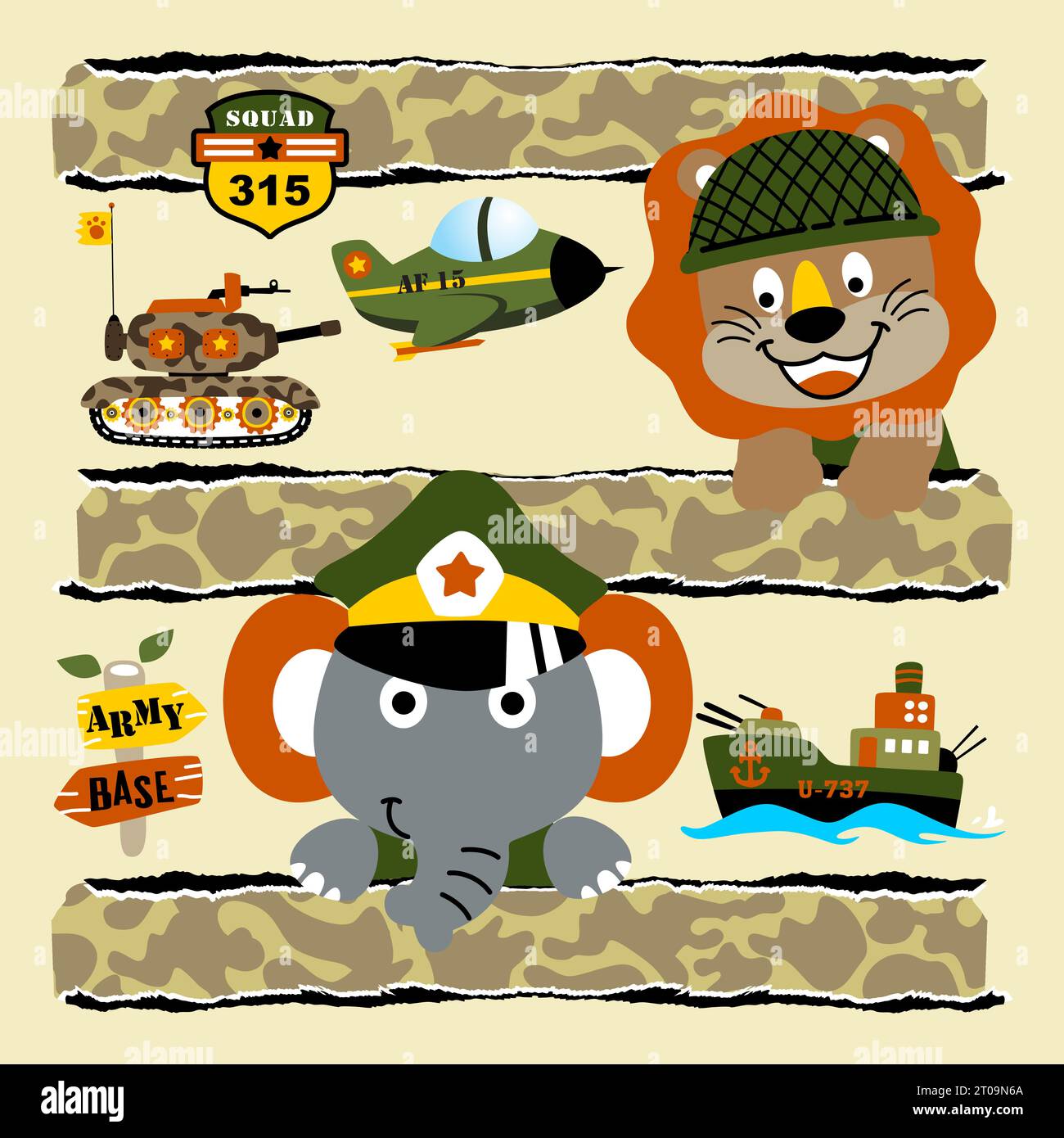 Cute lion and elephant in soldier costume, military vehicles cartoon ...