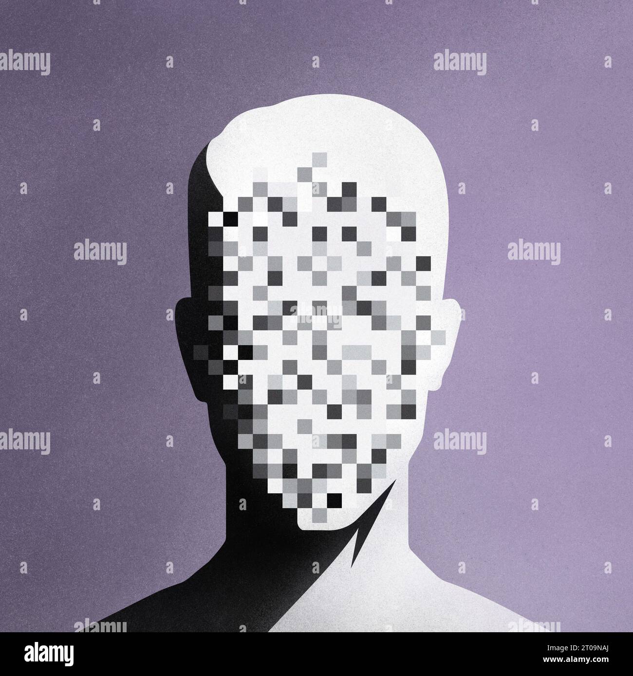 An abstract human figure with a pixelated face, a conceptual representation of virtual identity ...