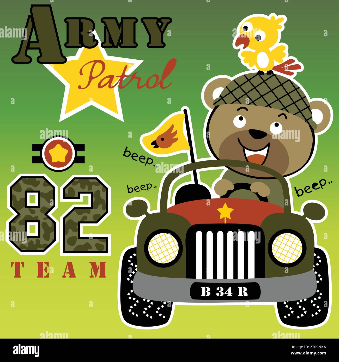 Little bear with bird on military car, military elements, vector ...