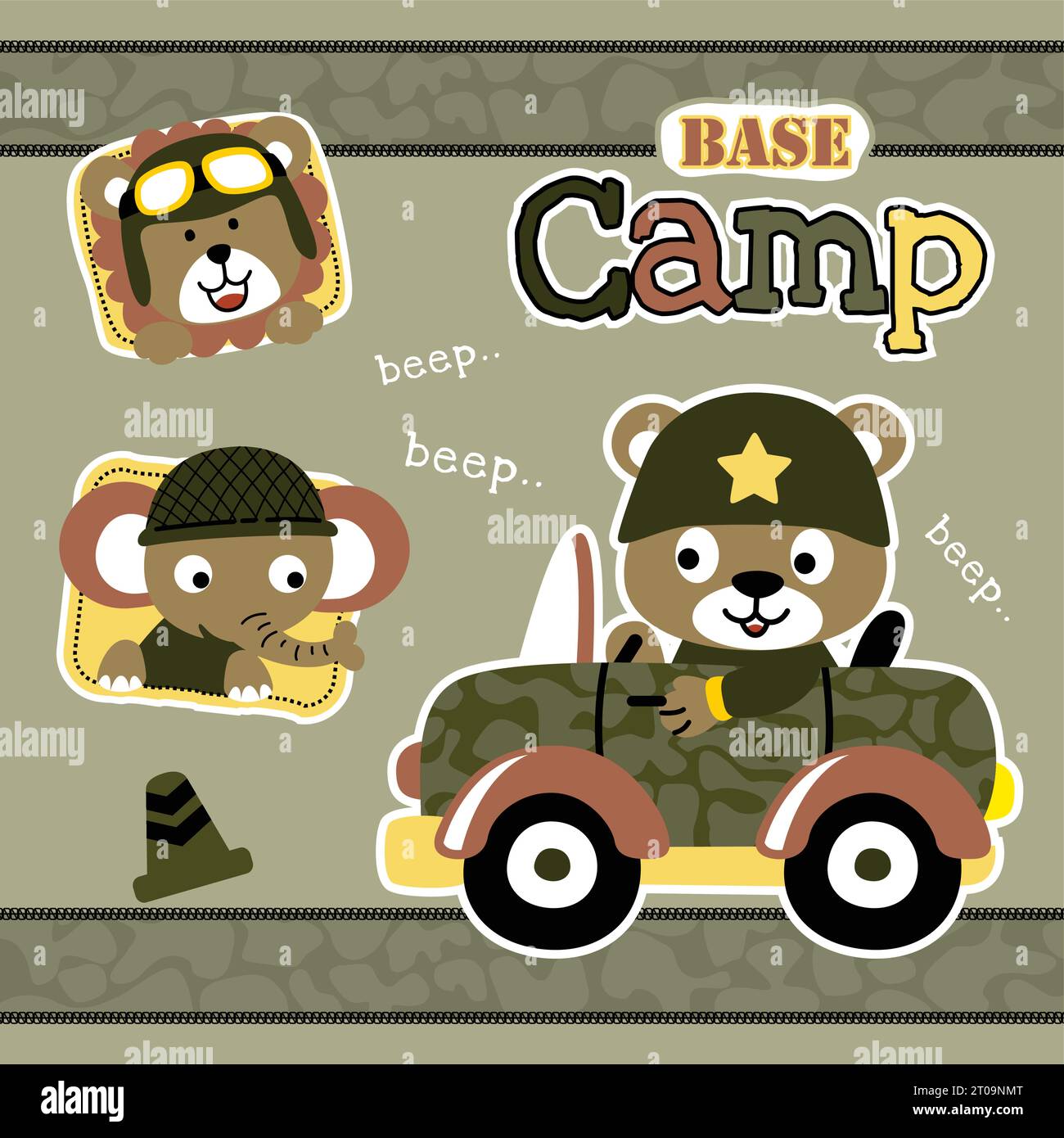 Cute bear driving military car, lion with elephant wearing military cap ...