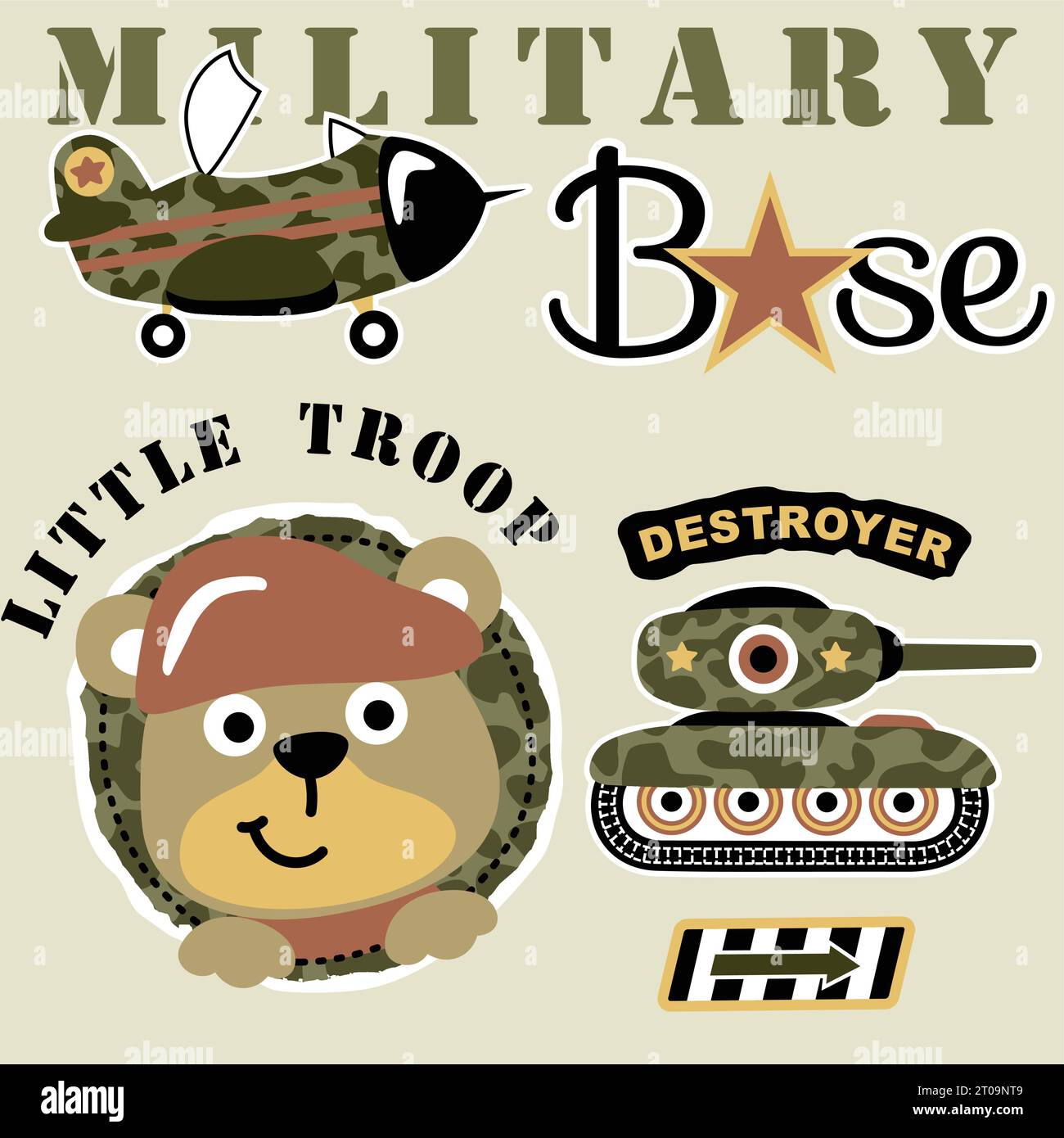 Cute bear wearing military beret with fighter jet and tank, vector ...