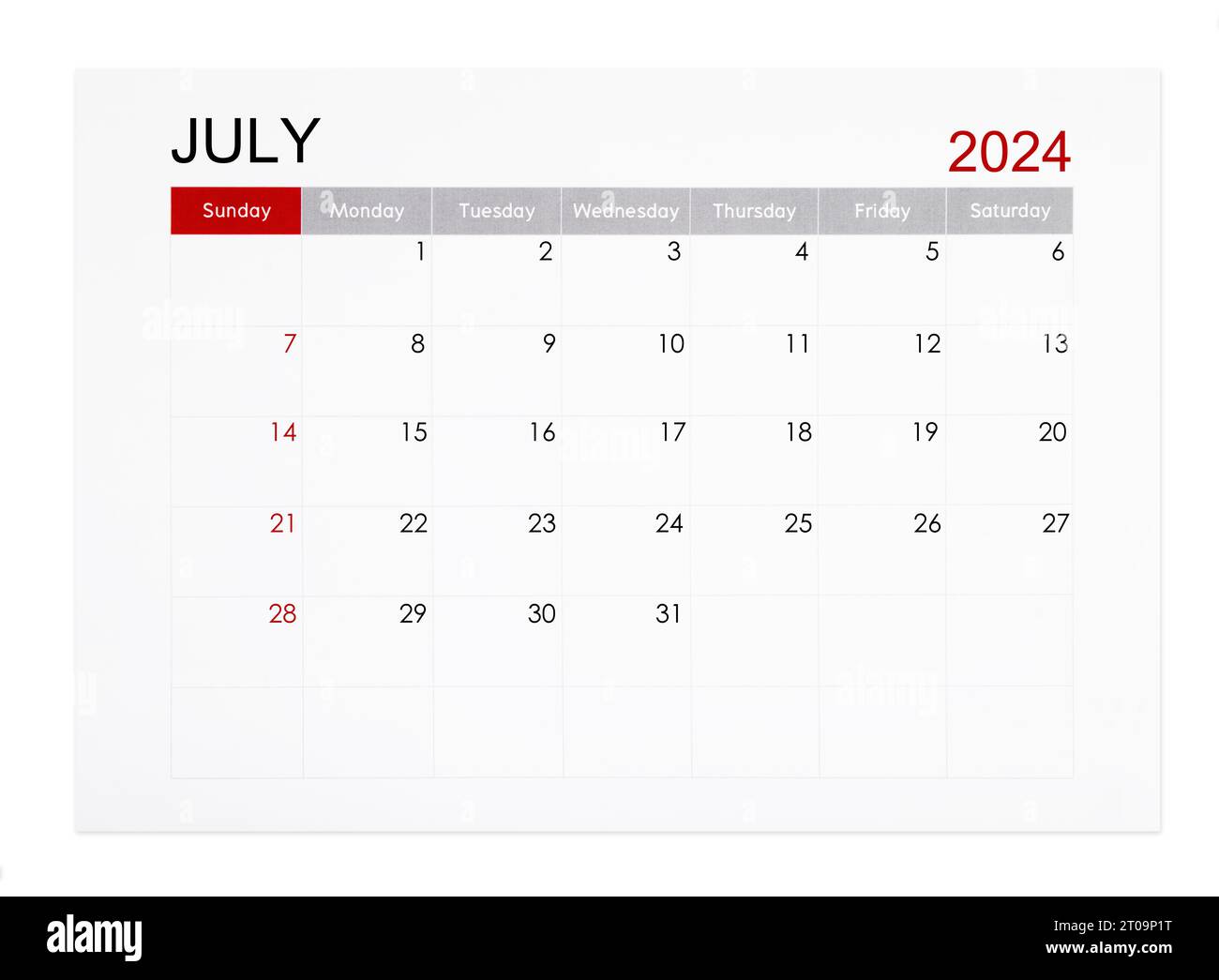 July 2024 monthly calendar page isolated on white background, Saved ...