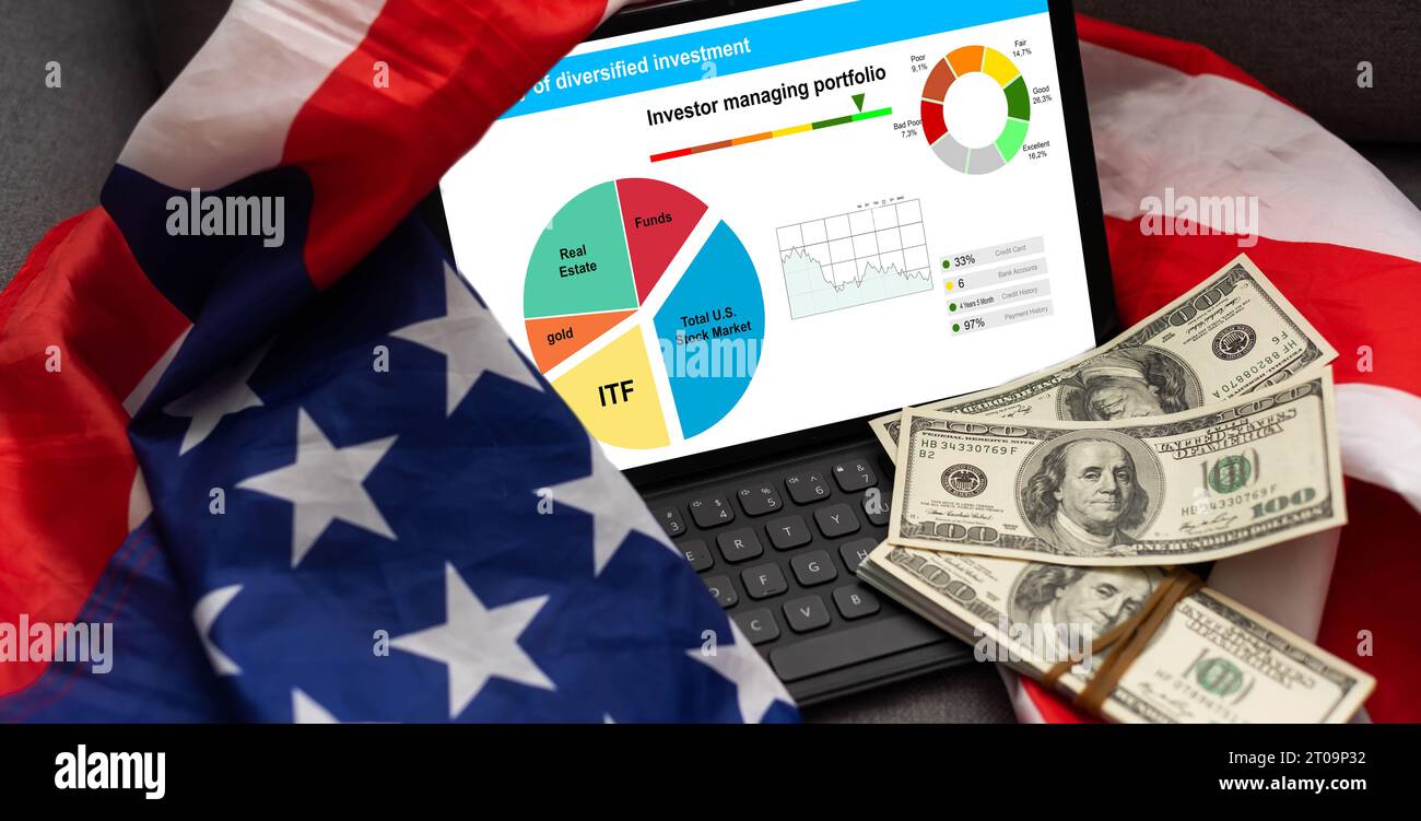 Strategy of diversified investment. Investor managing portfolio. Pie ...
