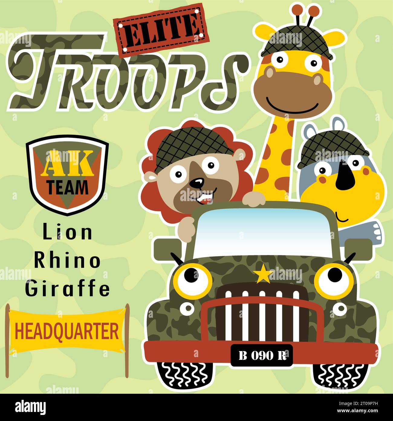 Funny animals soldier on military vehicle, vector cartoon illustration ...