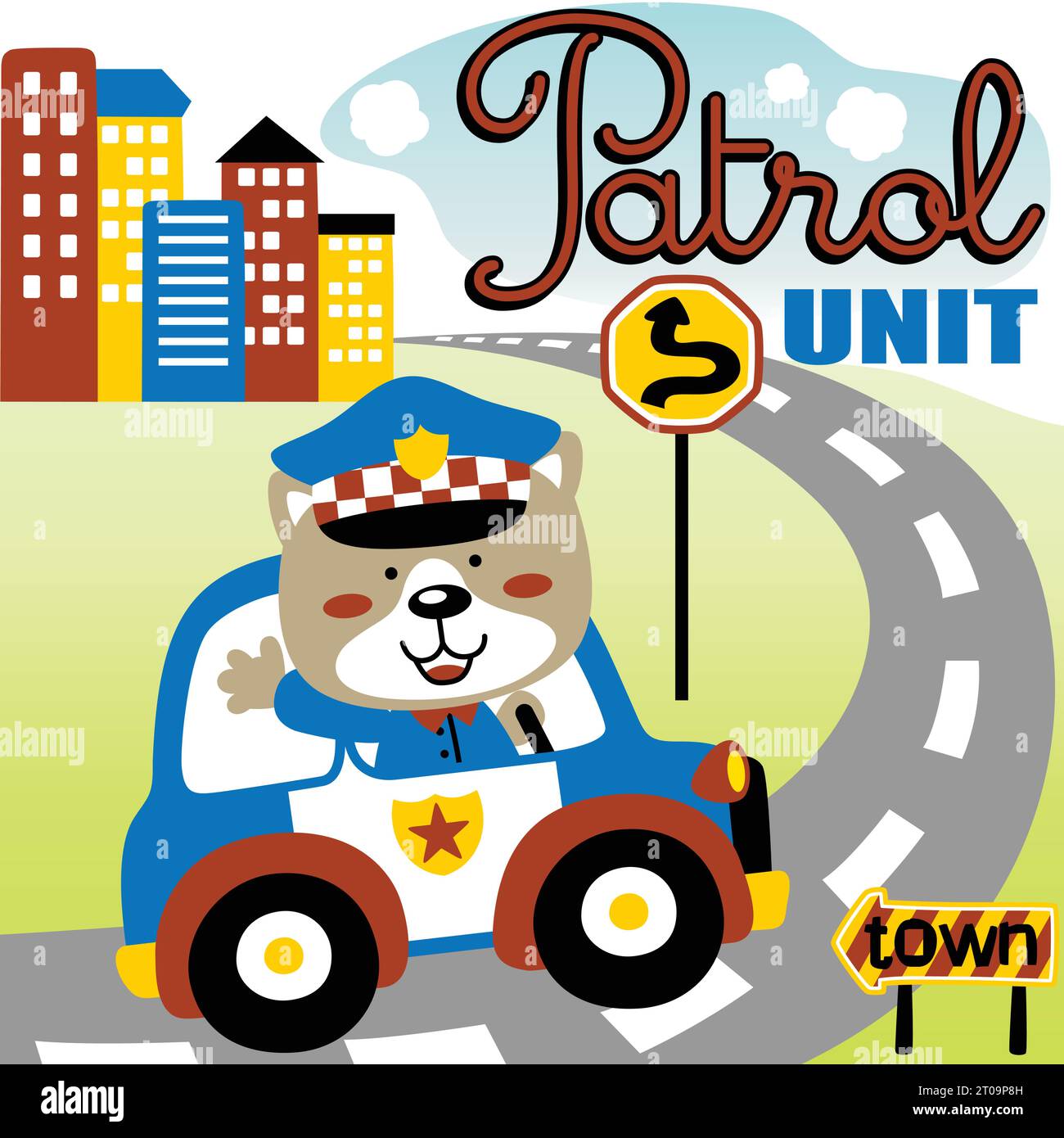 Cute bear driving police car in city road, vector cartoon illustration ...
