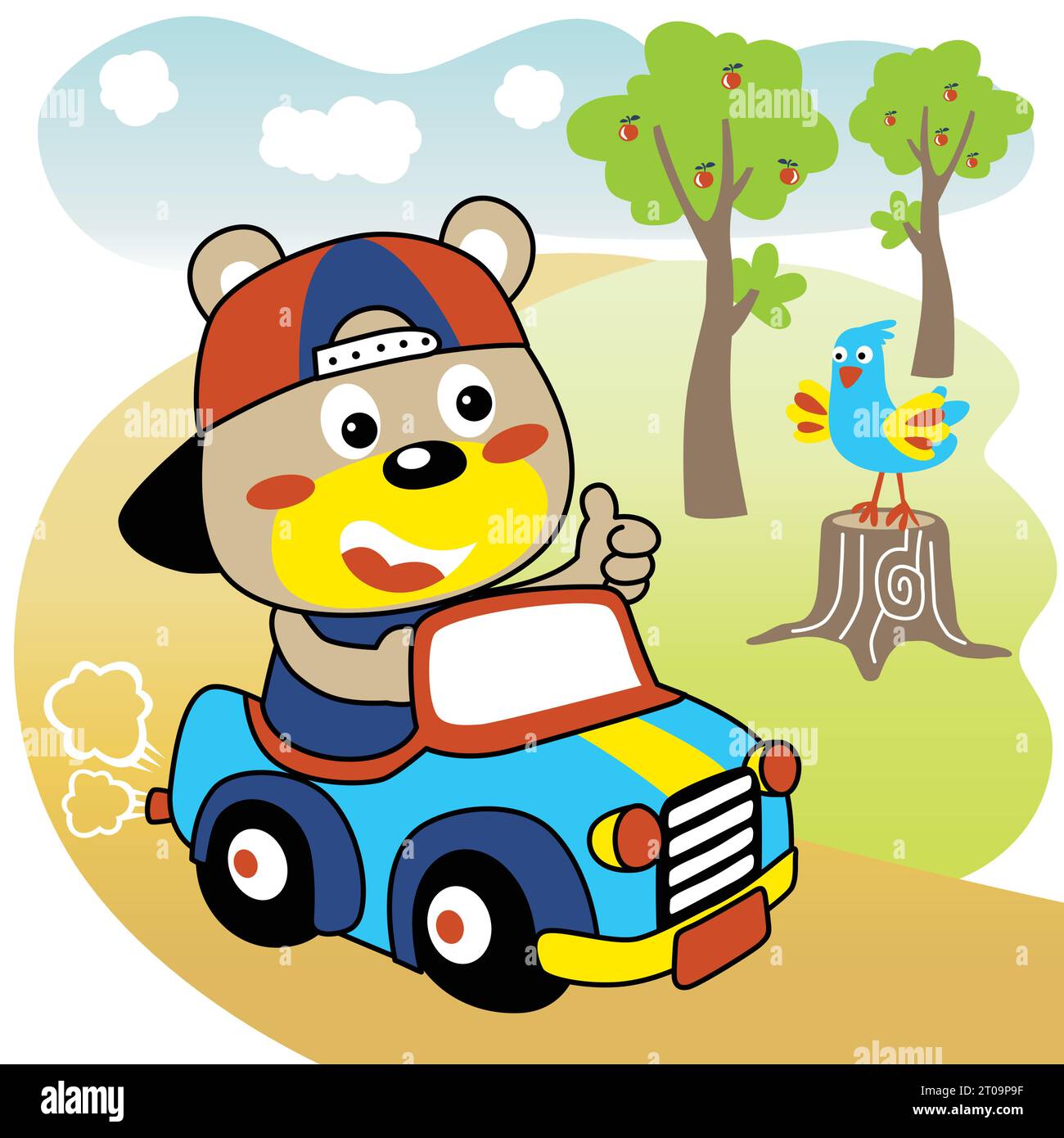 Cute bear driving car, little bird perching on tree stump, vector ...