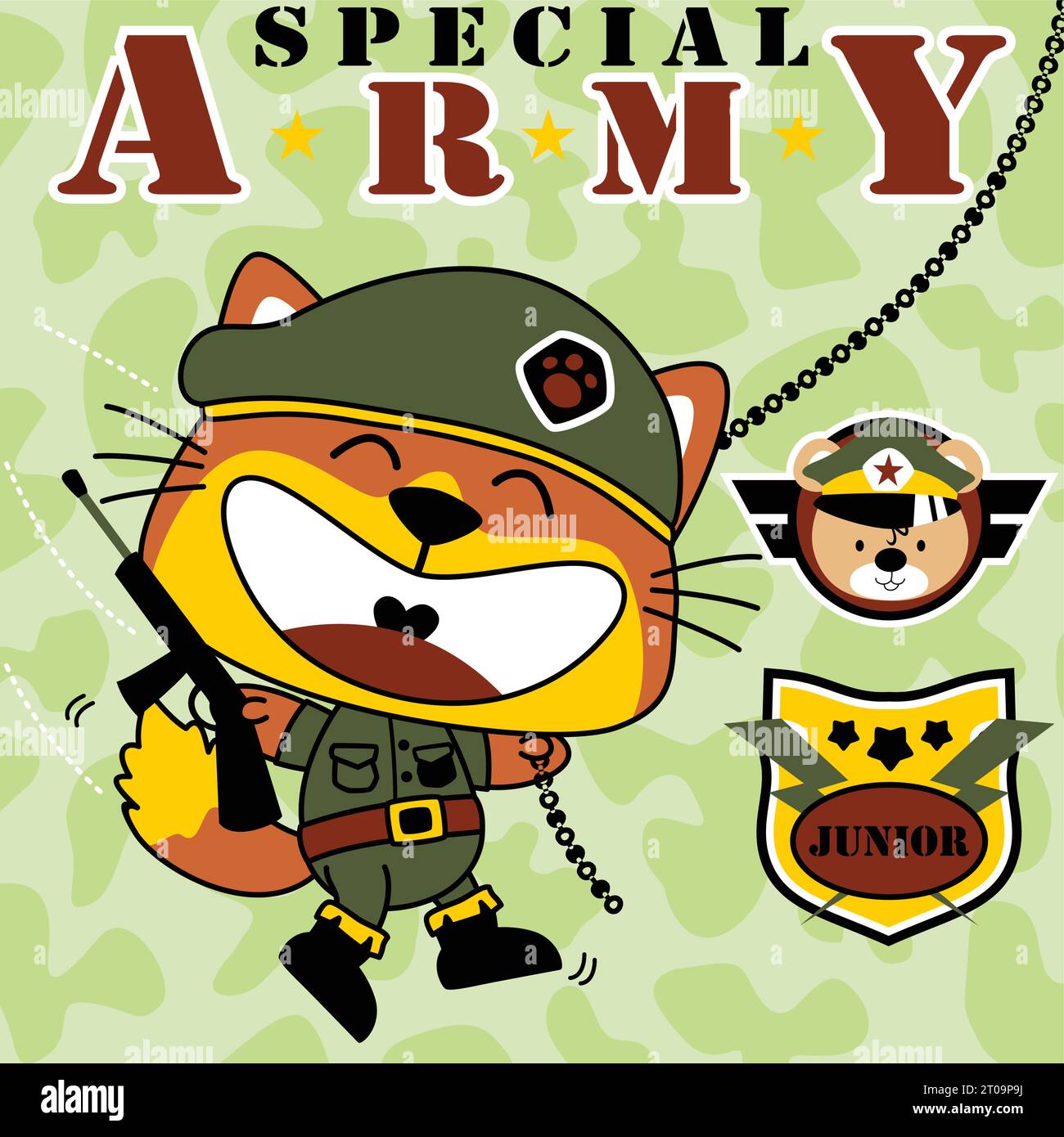 Little fox in military uniform with bear head and military logo, vector ...