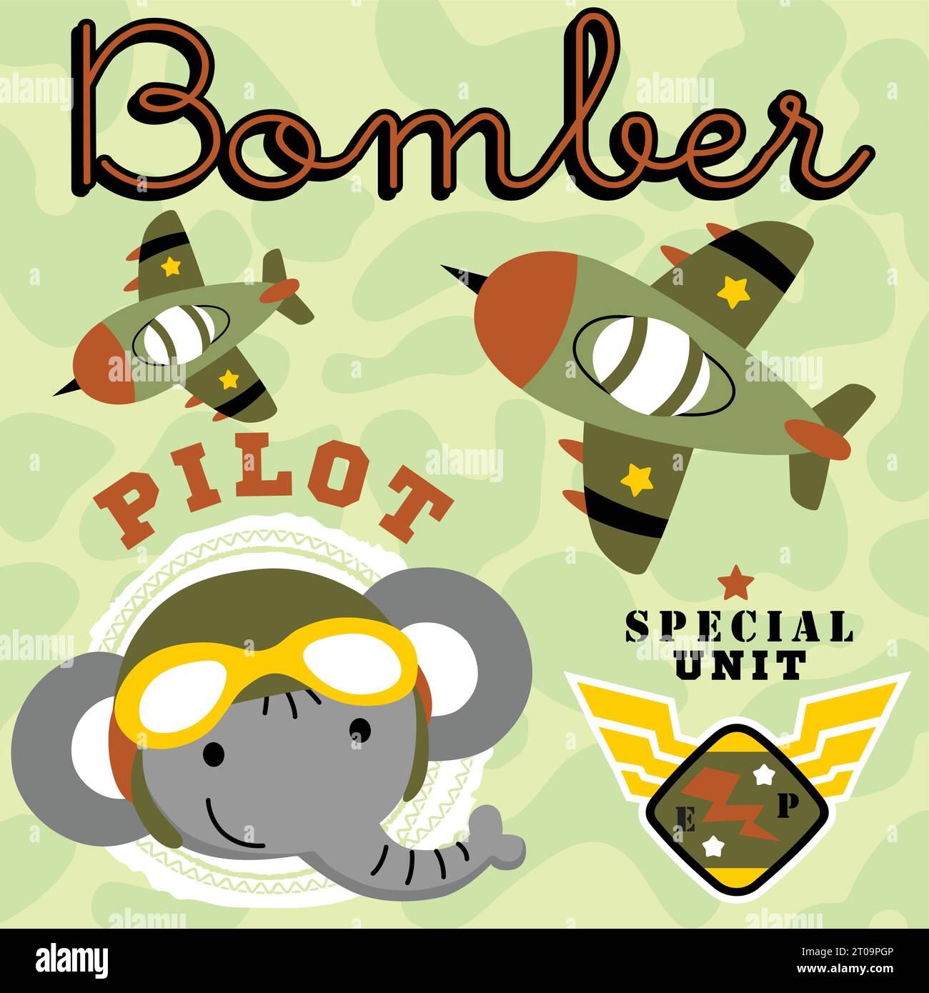 Cute elephant wearing flying goggles with fighter jet, military ...