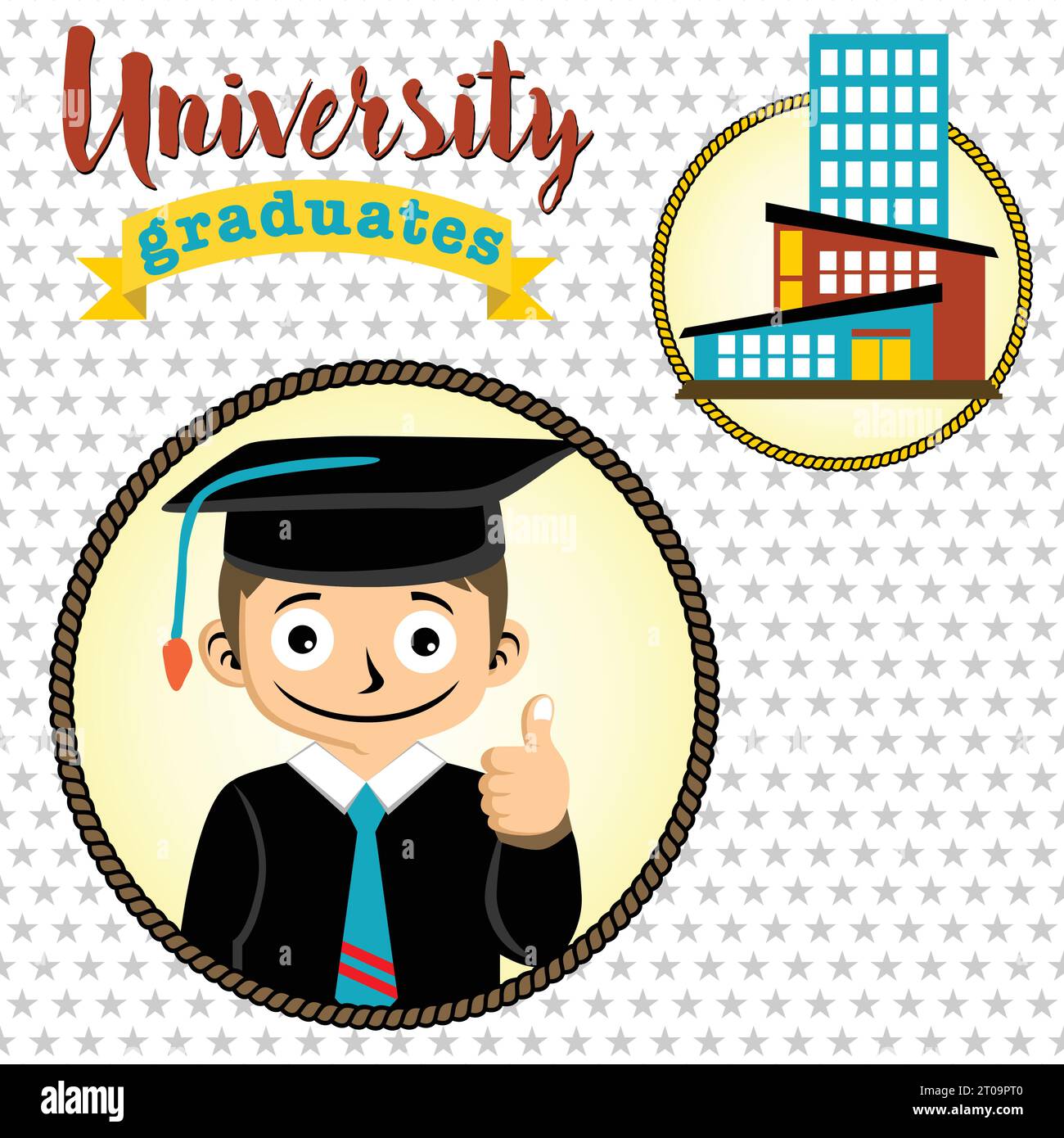 Young boy in graduate gown with university buildings, vector cartoon illustration Stock Vector ...