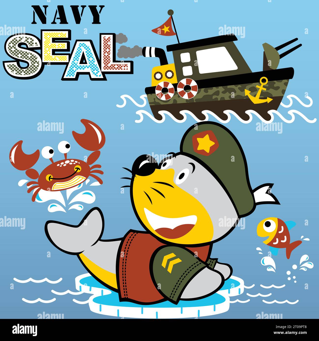 Walrus in military costume playing with crab and fish, warship in the ...