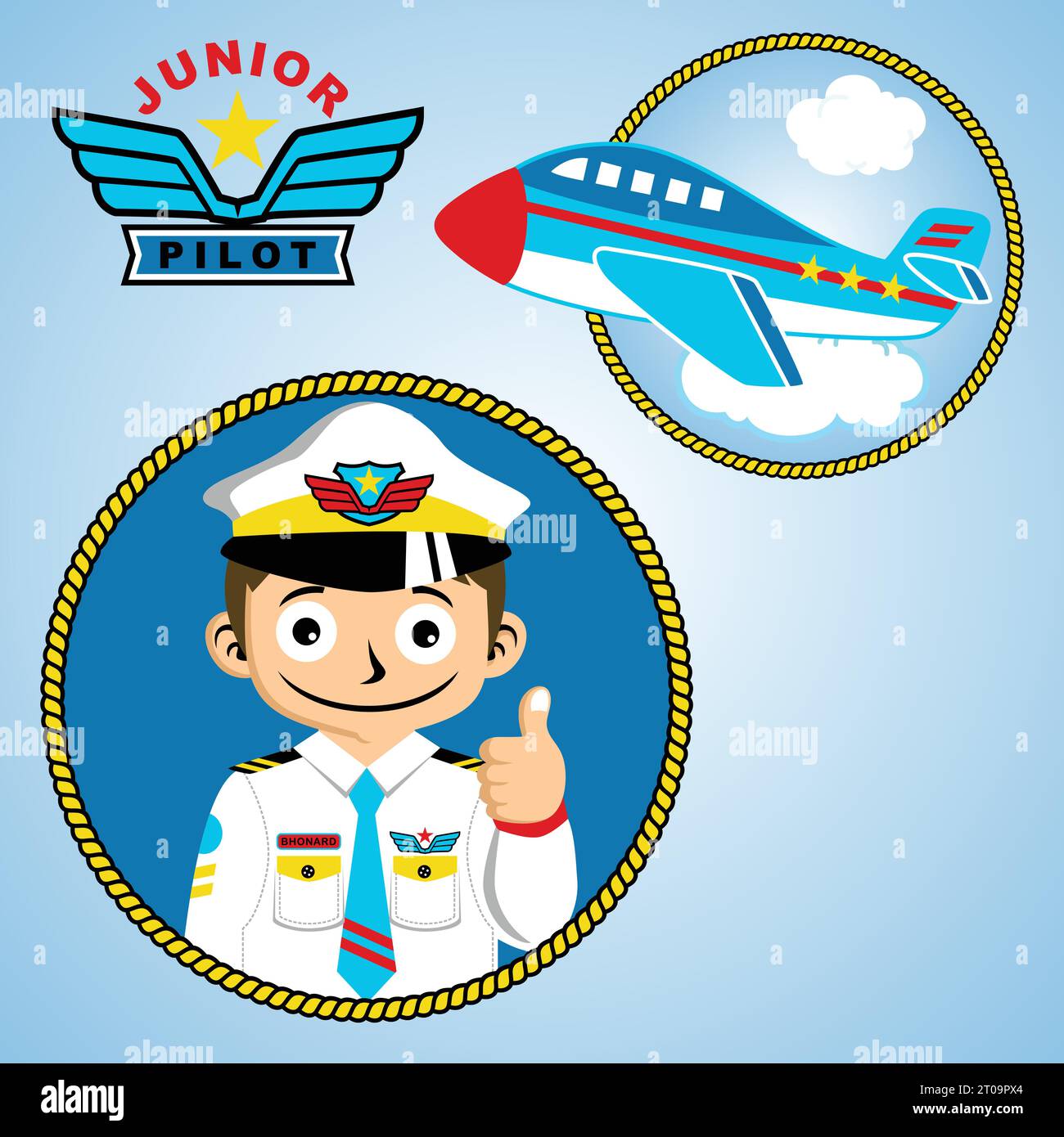 young pilot with plane and wings logo, vector cartoon illustration ...