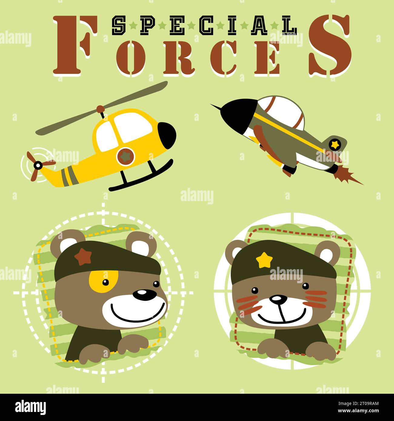 Cute bear in military uniform with military aircraft, vector cartoon ...