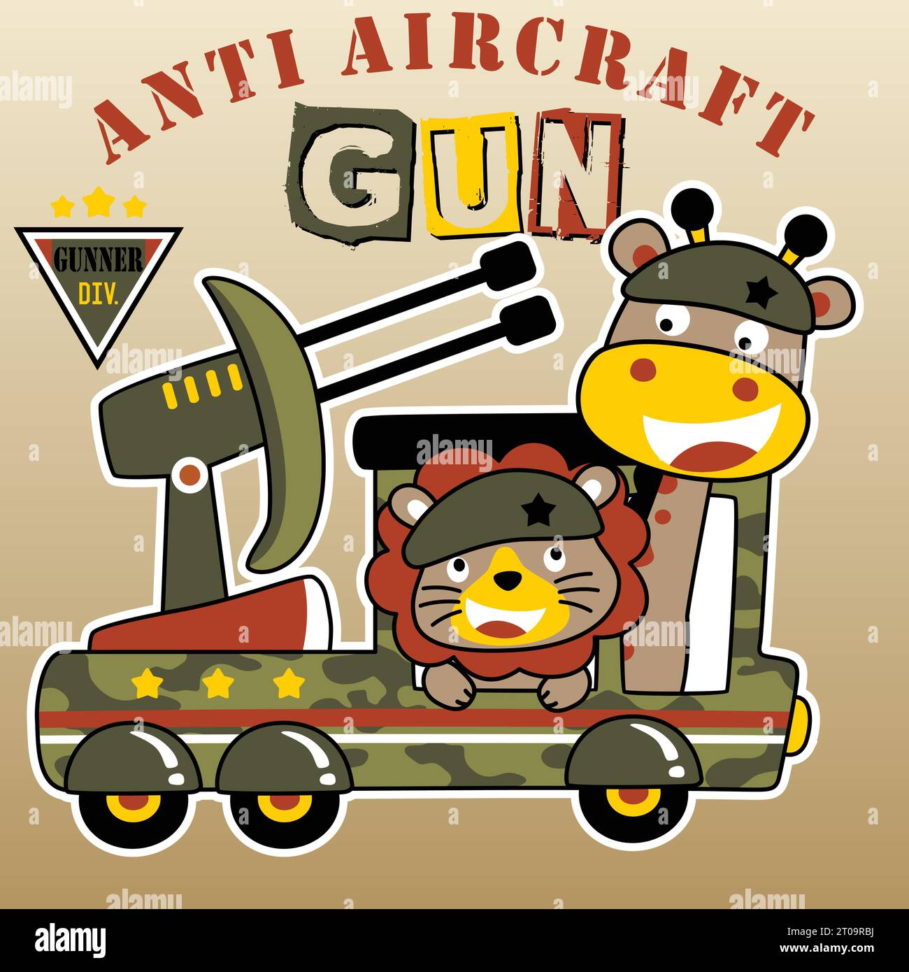 Funny lion and giraffe on military vehicle with gun, vector cartoon ...