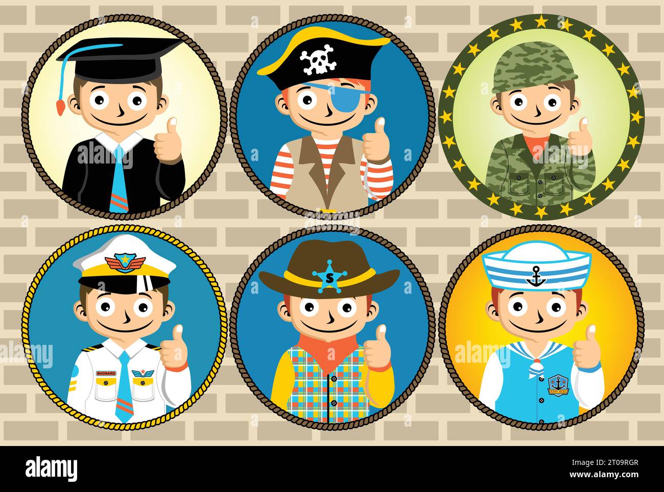 set of young boy in different costume on bricks background, vector ...