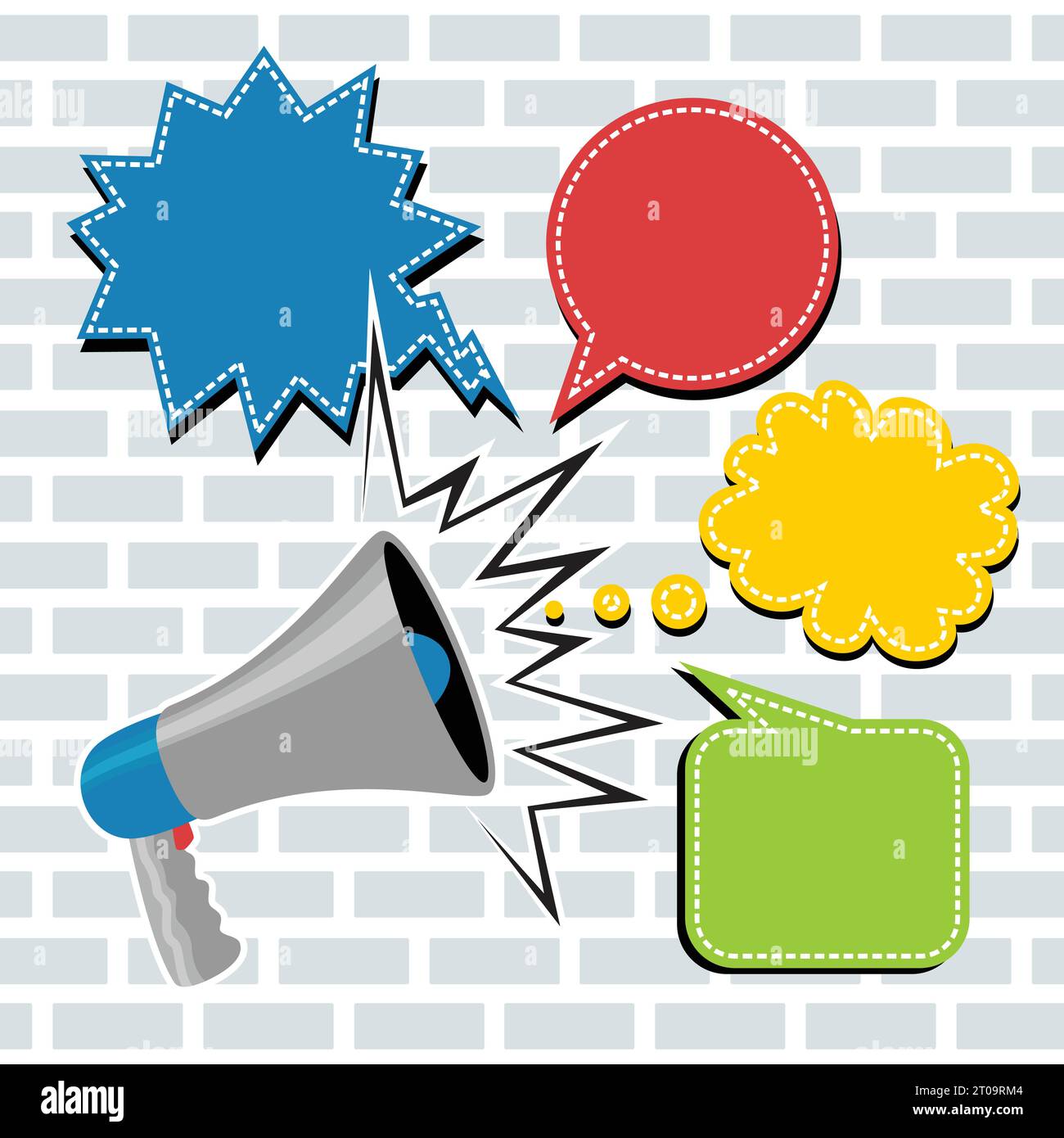 megaphone with call out shapes on a bricks background, vector graphics ...