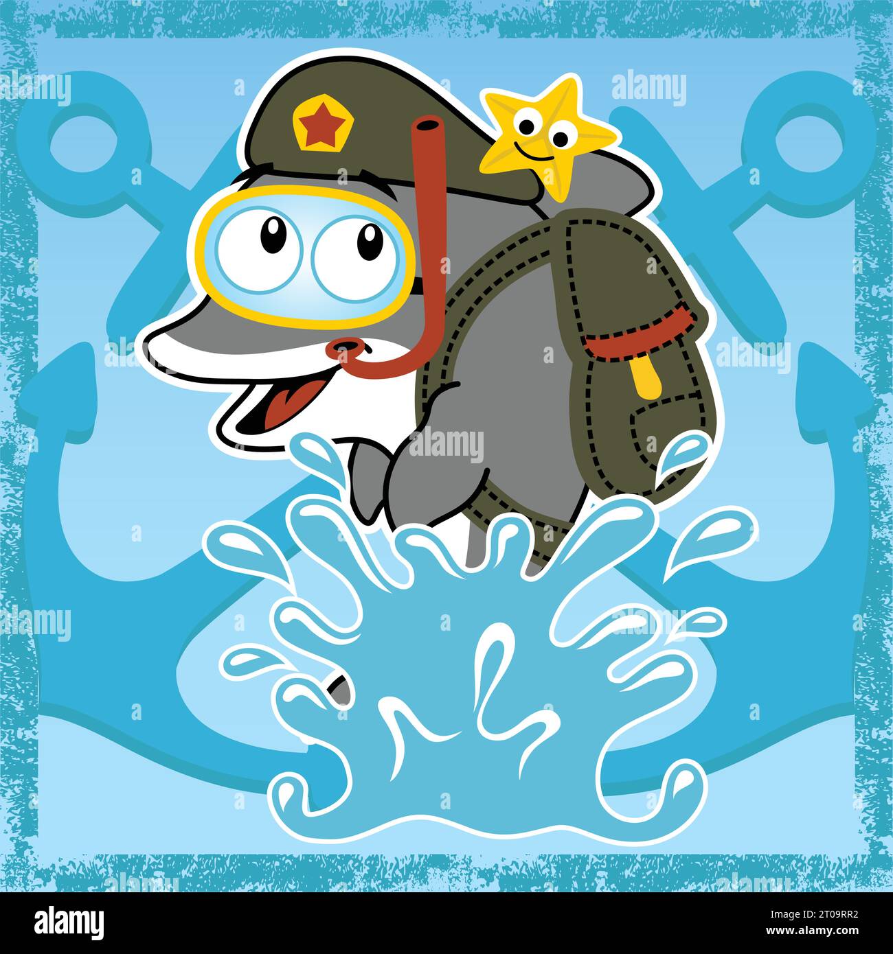 Cute dolphin in military costume with starfish on anchor backgrounds ...