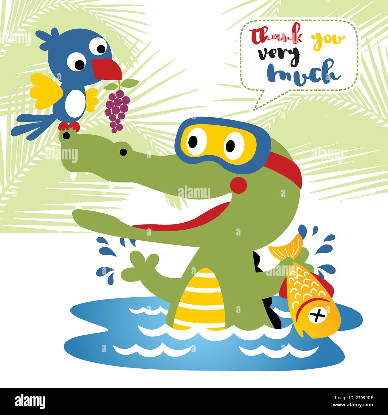 funny crocodile wearing diving goggles catching fish, little bird ...