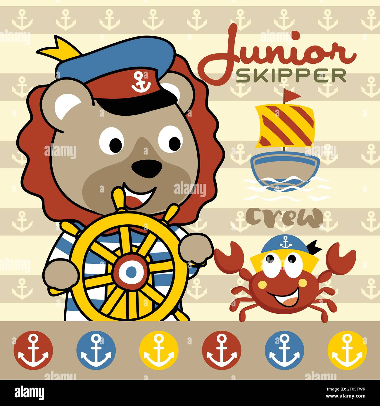 Cute lion in sailor costume holding steering wheel with crab, sailing ...
