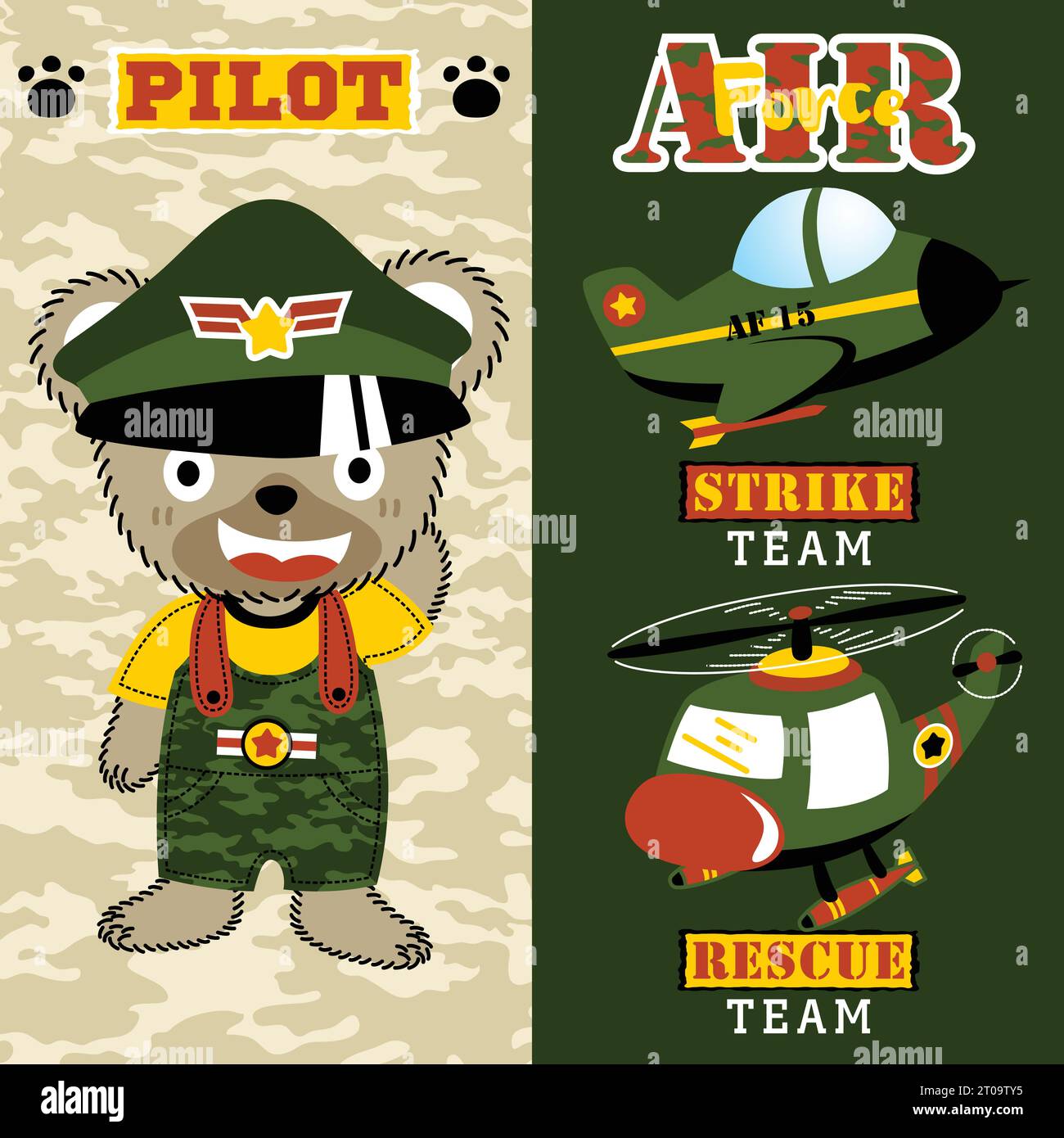 Cute bear in pilot costume with military aircraft, vector cartoon ...