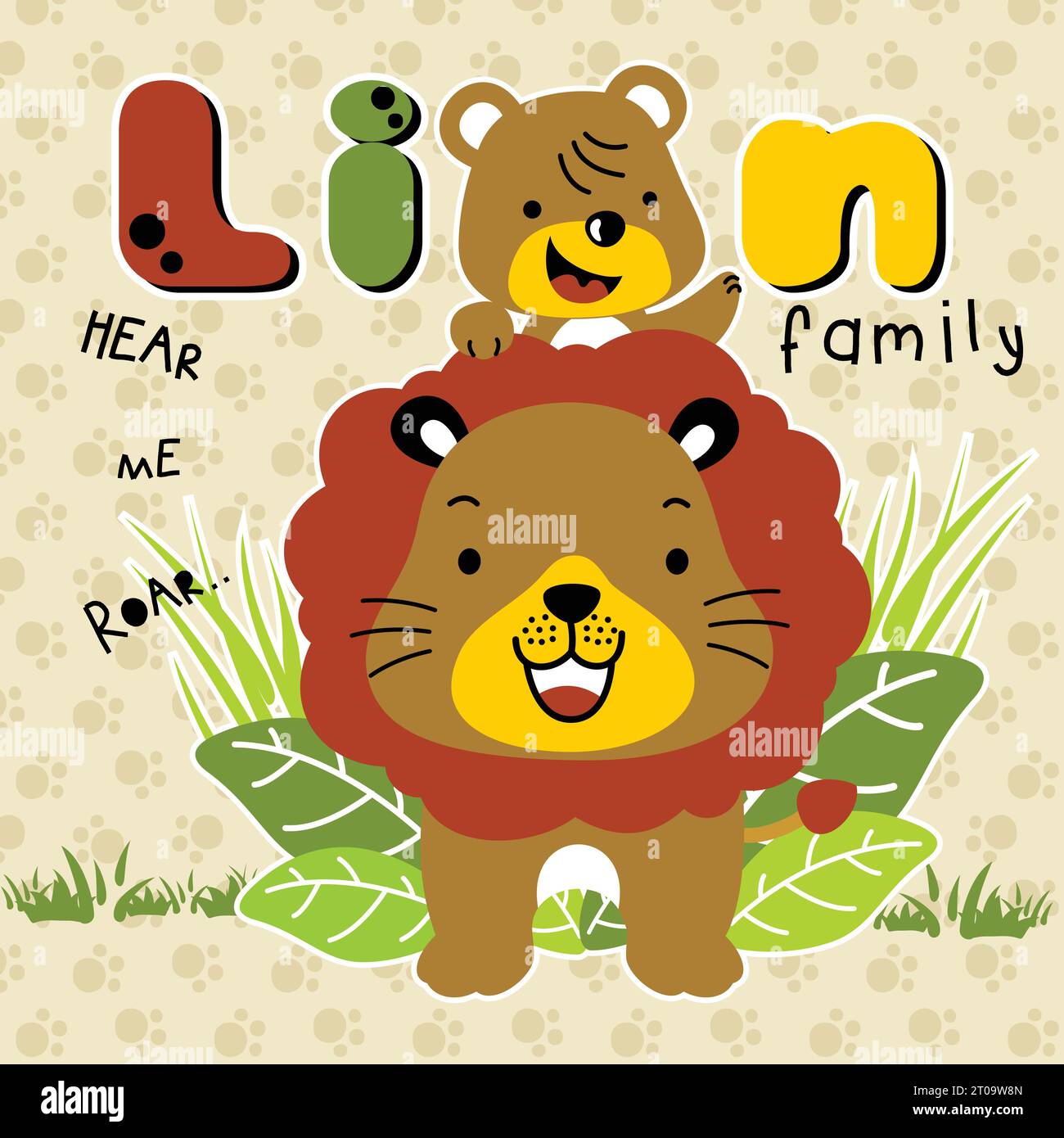 Cute lion with it cub on animals footpath background, vector cartoon ...