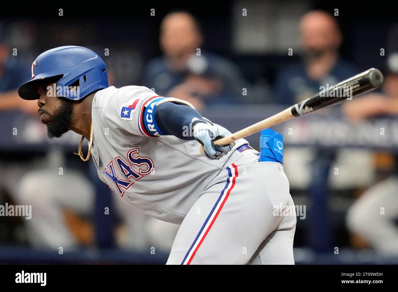 Texas Rangers' Adolis Garcia bats in Game 2 in an AL wild-card baseball ...