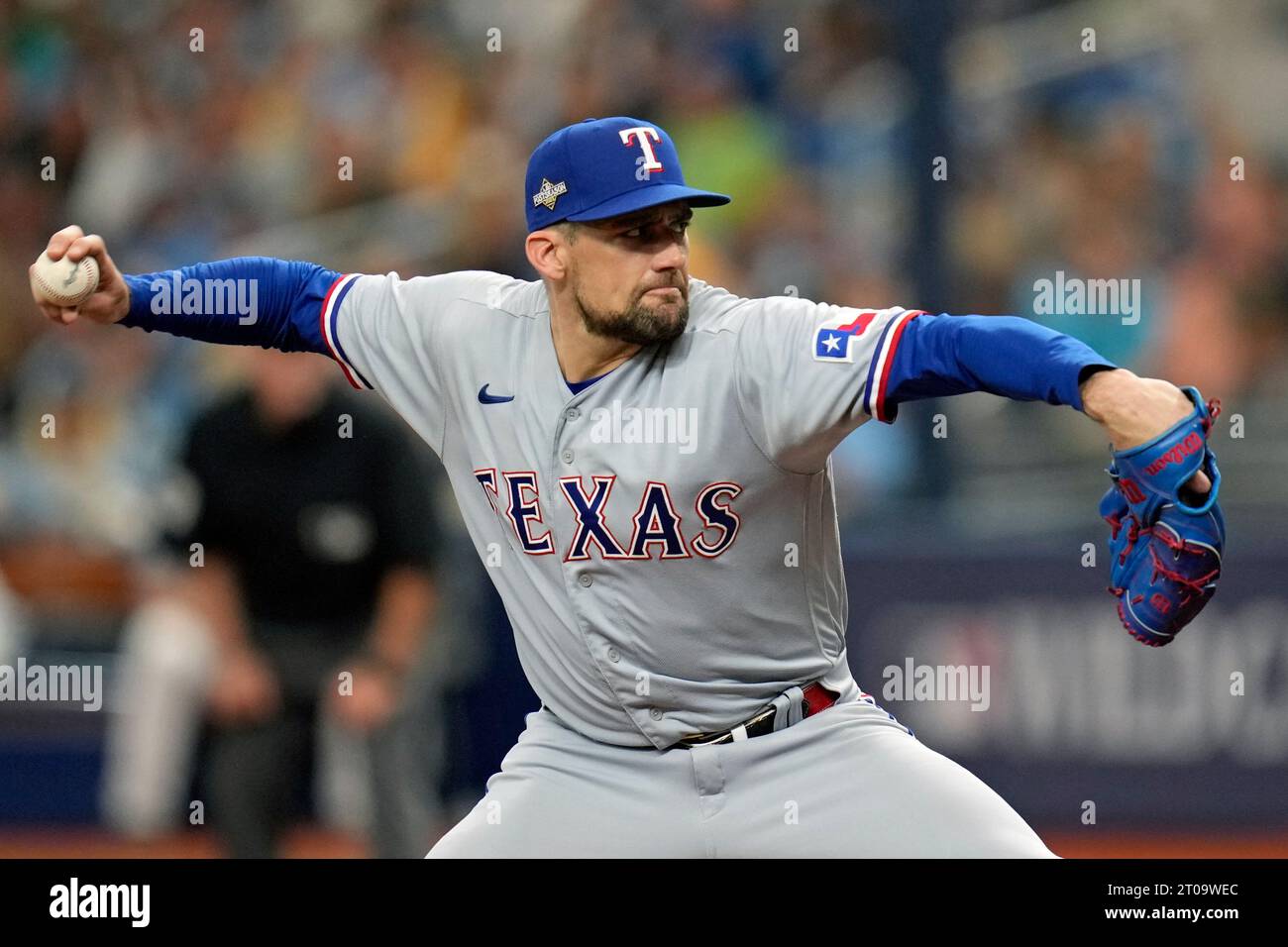 Texas Rangers starting pitcher Nathan Eovaldi throws against the Tampa ...