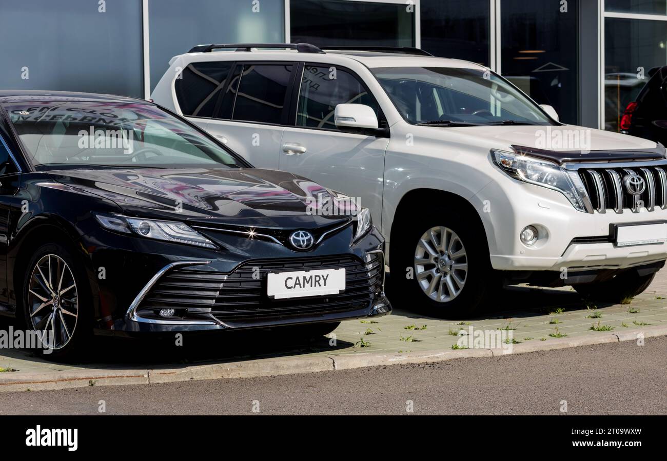 Minsk, Belarus, October 2023 - Toyota dealership with cars. New Japan ...