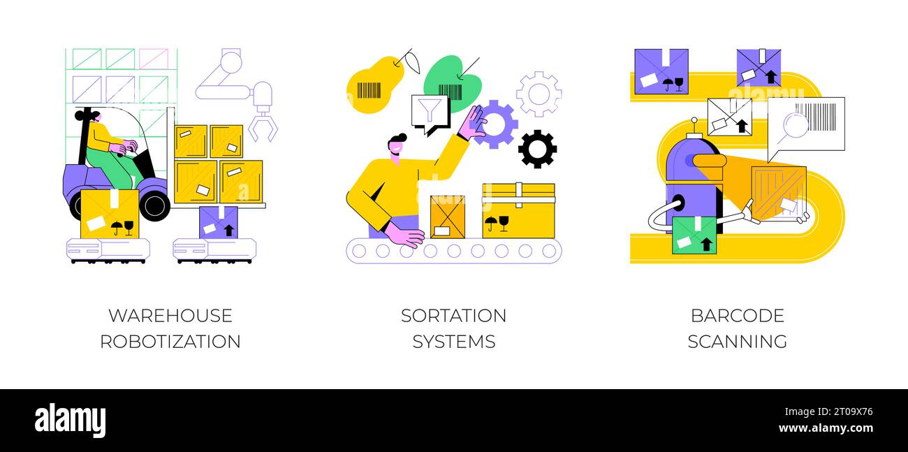 Sorting parcels abstract concept vector illustration set. Warehouse ...