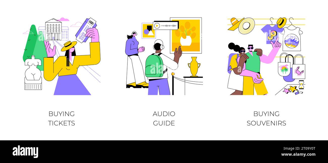 Visiting a museum isolated cartoon vector illustrations set. Buying ...