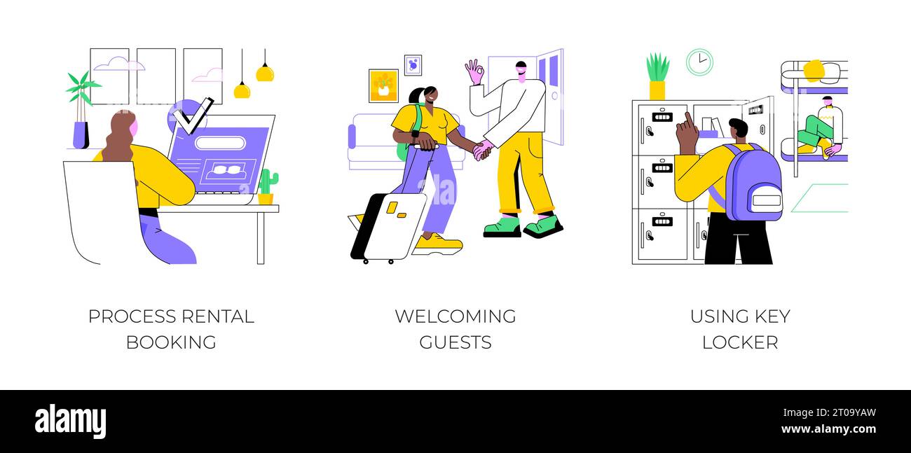 Vacation rentals isolated cartoon vector illustrations set. Woman ...