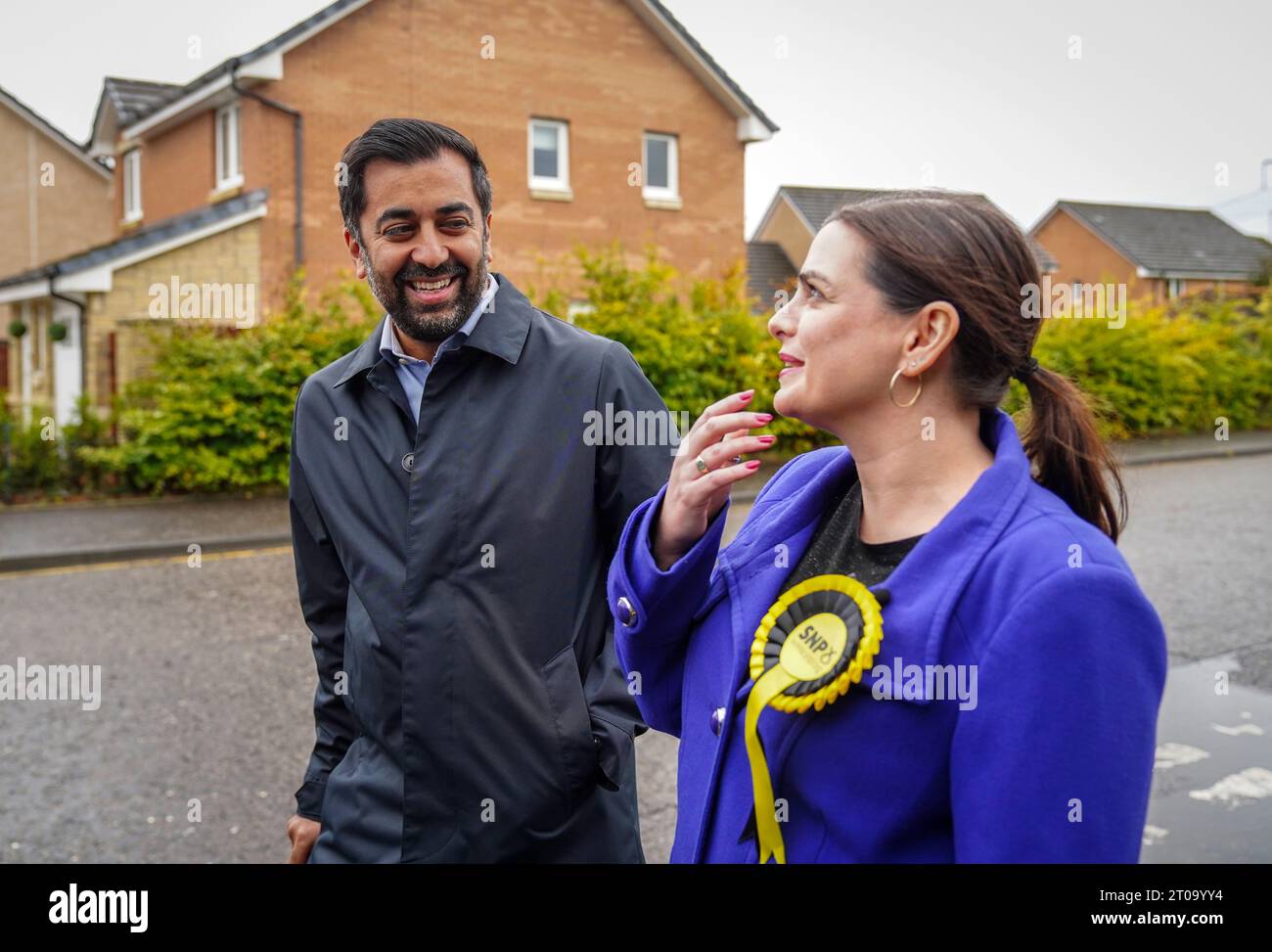 SNP leader Humza Yousaf and SNP candidate Katy Loudon outside the ...