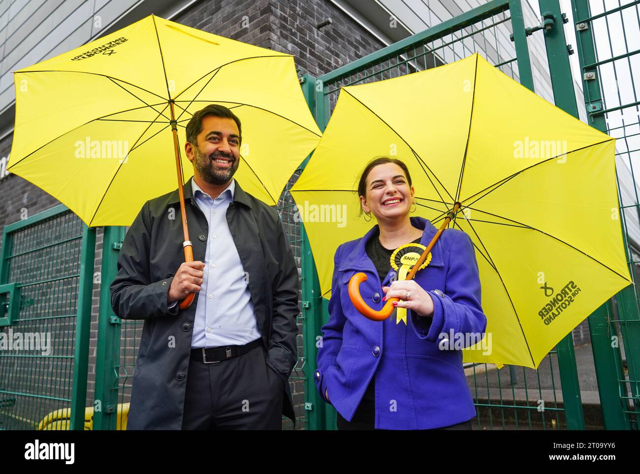 SNP leader Humza Yousaf and SNP candidate Katy Loudon outside the ...