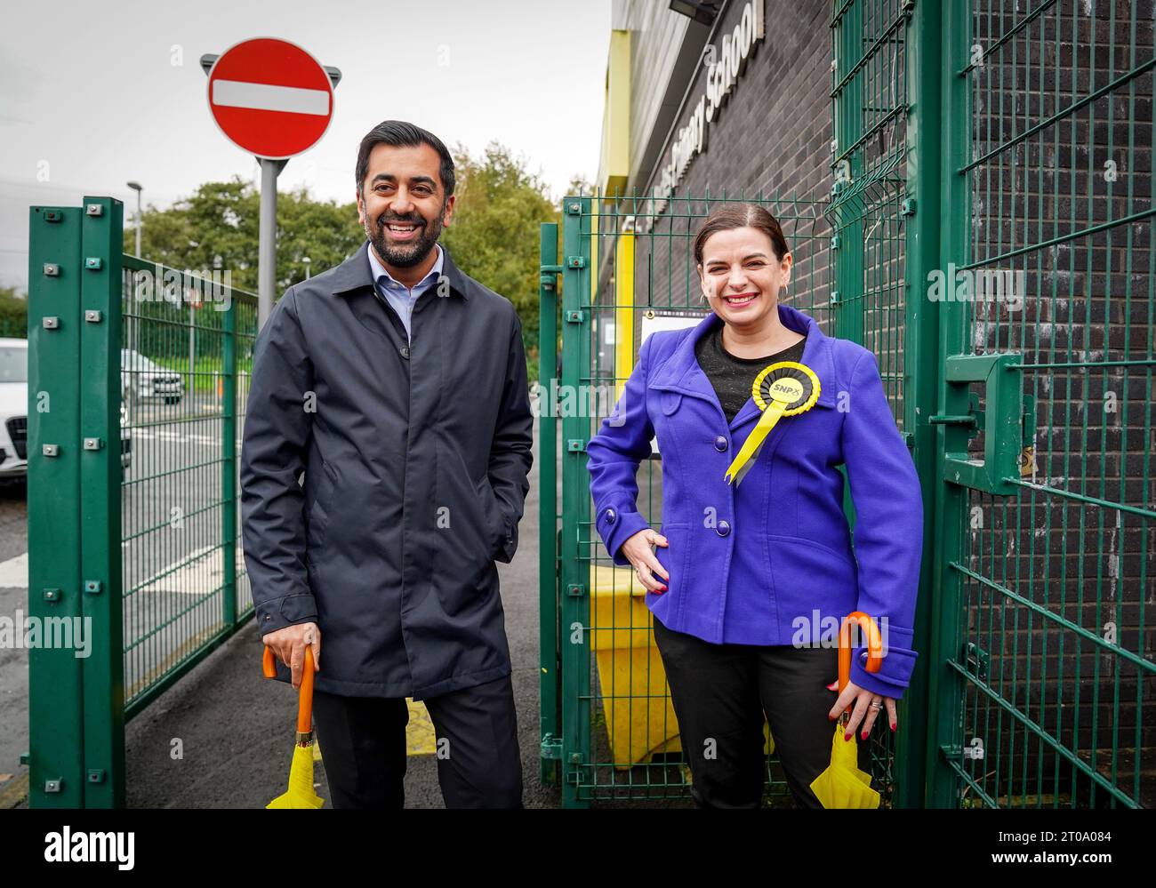 SNP leader Humza Yousaf and SNP candidate Katy Loudon outside the ...
