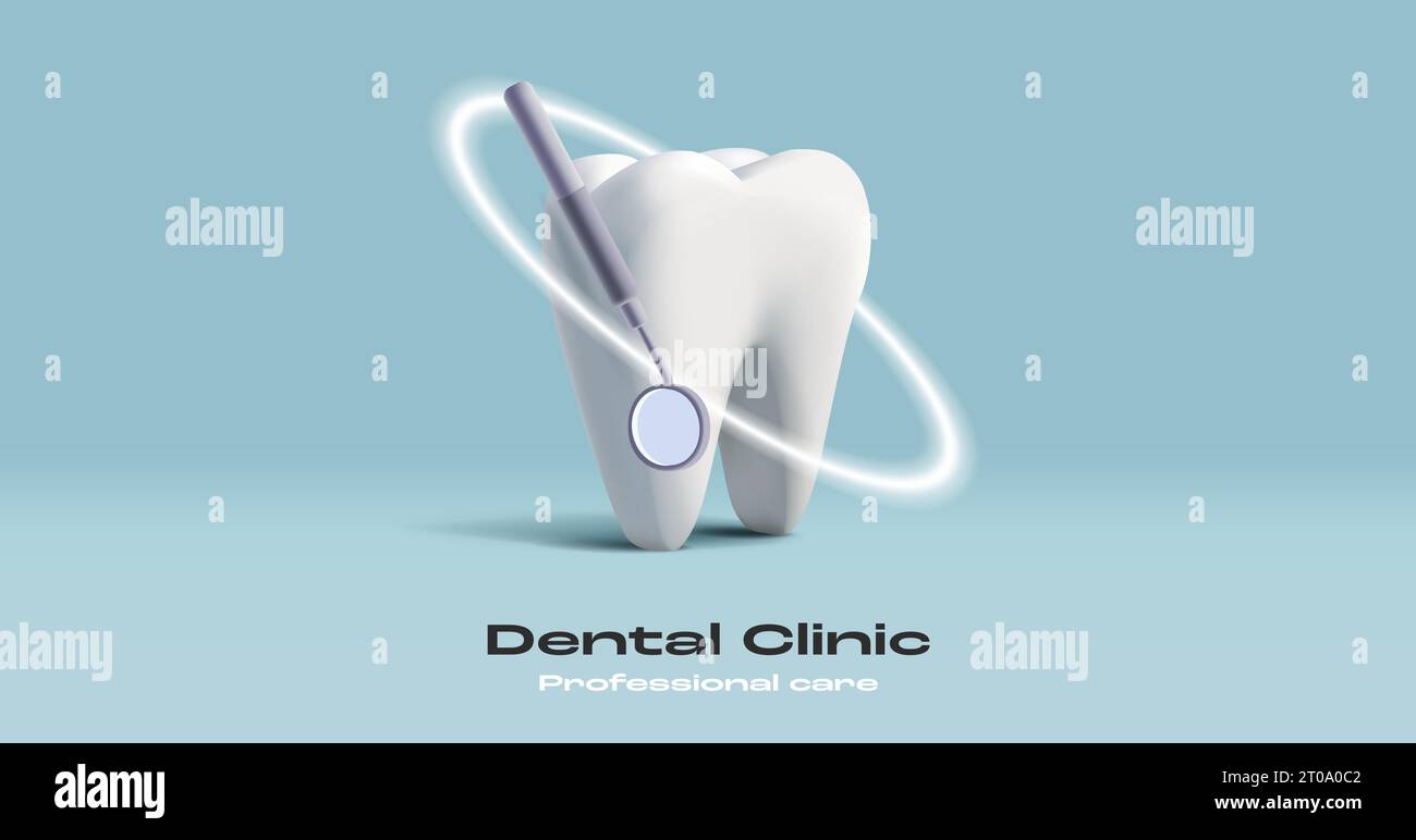 3D illustration of a tooth with dental mirrow and protective shiny ...