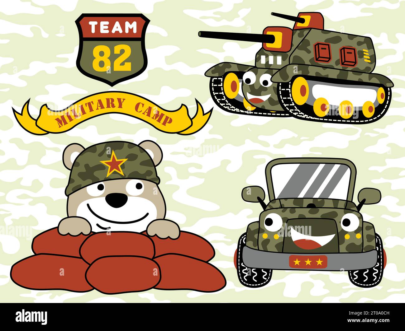 Vector illustration of cartoon funny bear soldier with armored vehicles ...