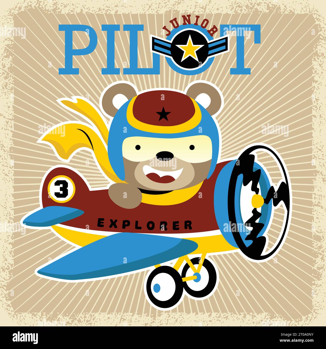 Vector cartoon illustration of funny bear pilot on vintage airplane ...
