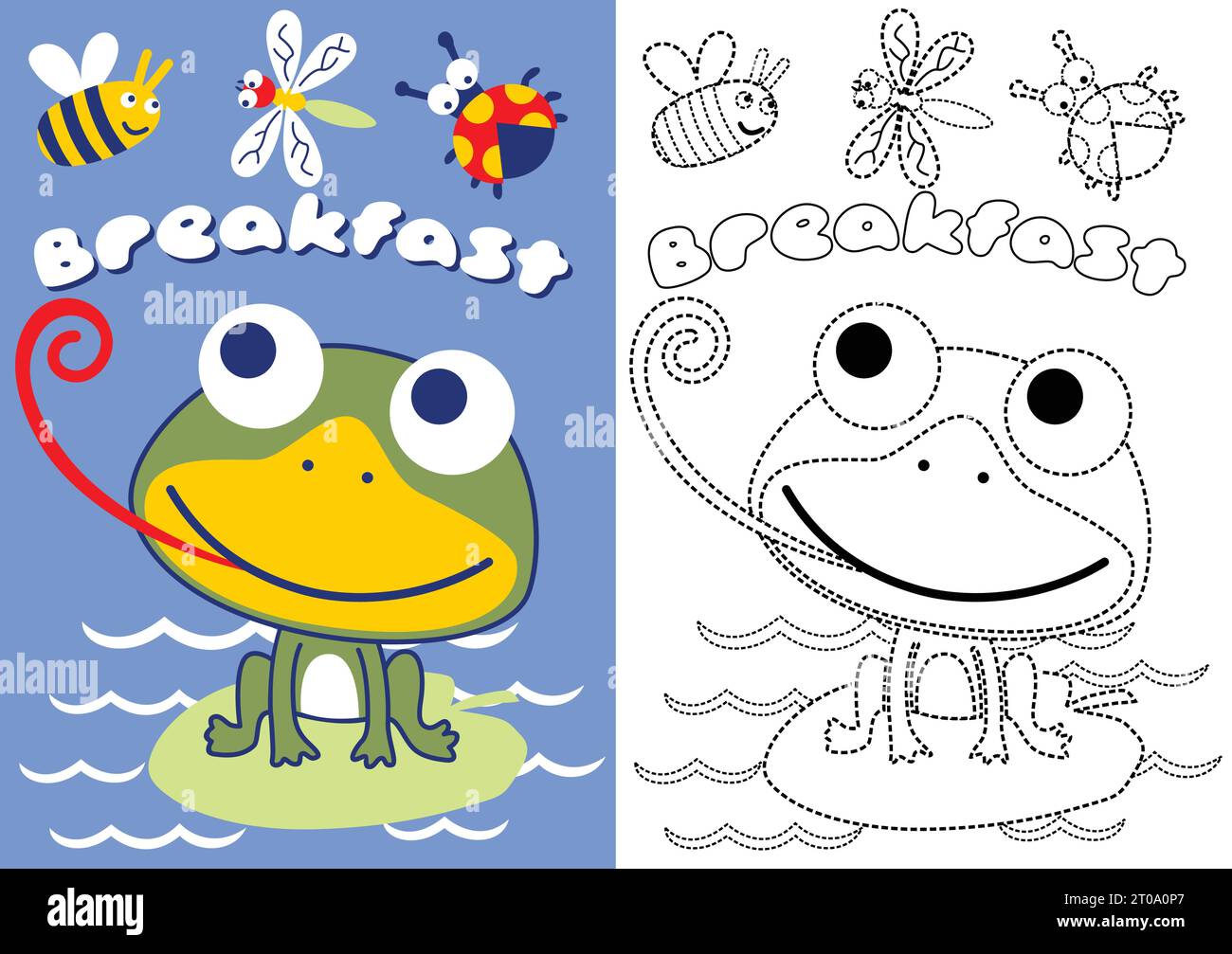 vector cartoon of little frog with bugs, coloring book or page Stock ...