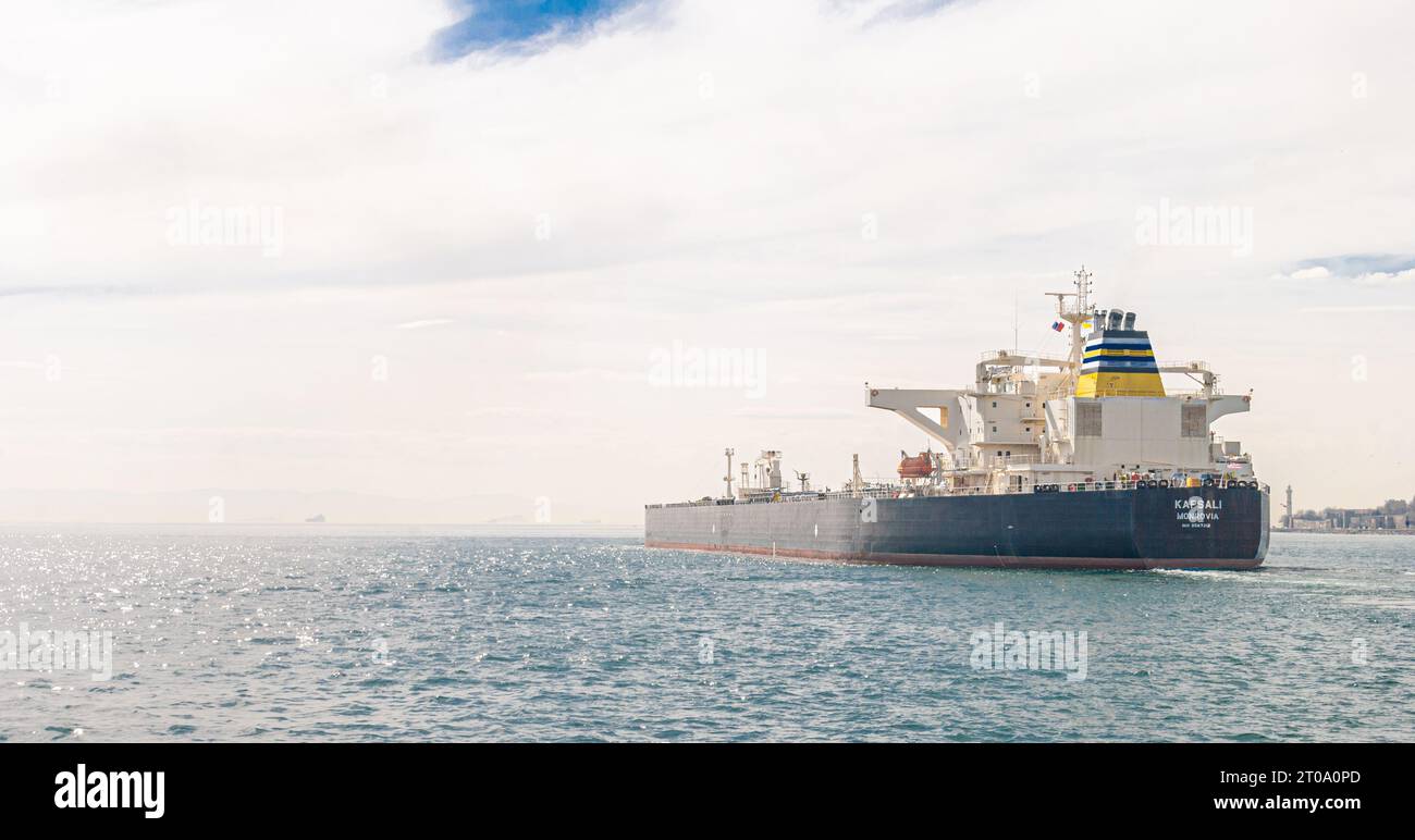 Istanbul, Turkey - March 7th 2017: A cargo vessel enjoying the serene ...