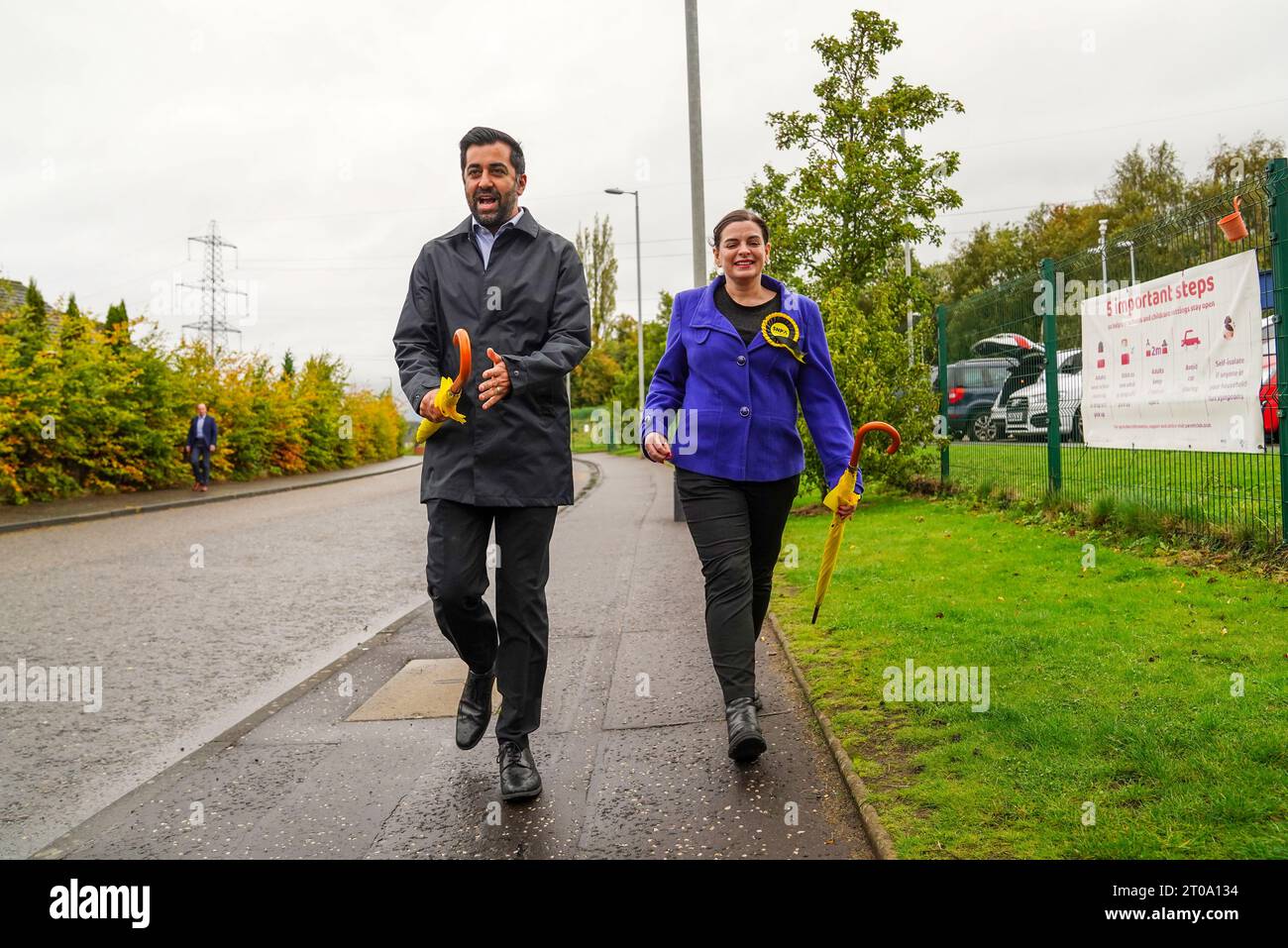 SNP leader Humza Yousaf and SNP candidate Katy Loudon outside the ...
