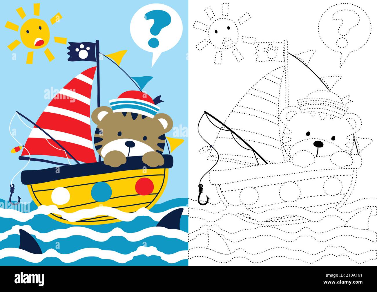 vector cartoon of cat on sailboat under shark attack, coloring book or ...