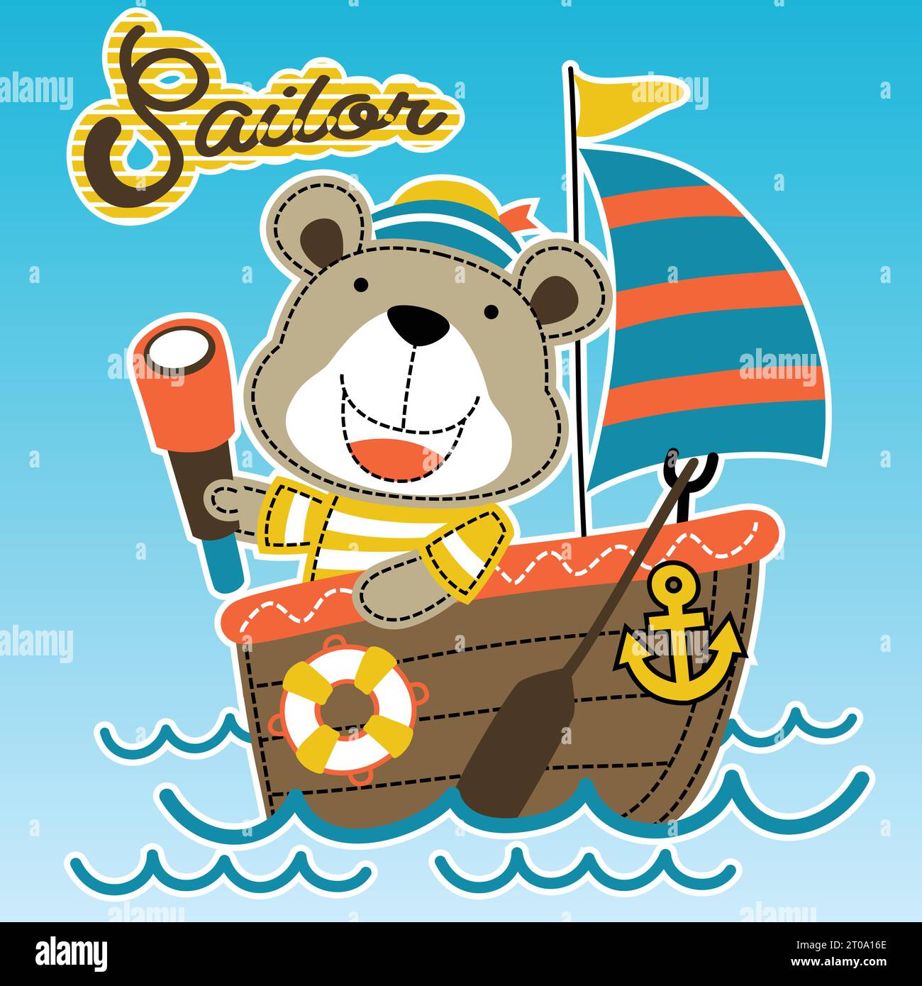 Cute bear in sailor costume with binocular on sailboat, vector cartoon ...