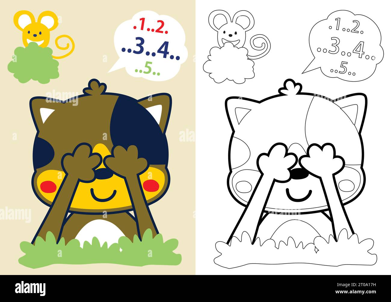 vector cartoon of kitten and mice playing hide and seek, coloring book ...