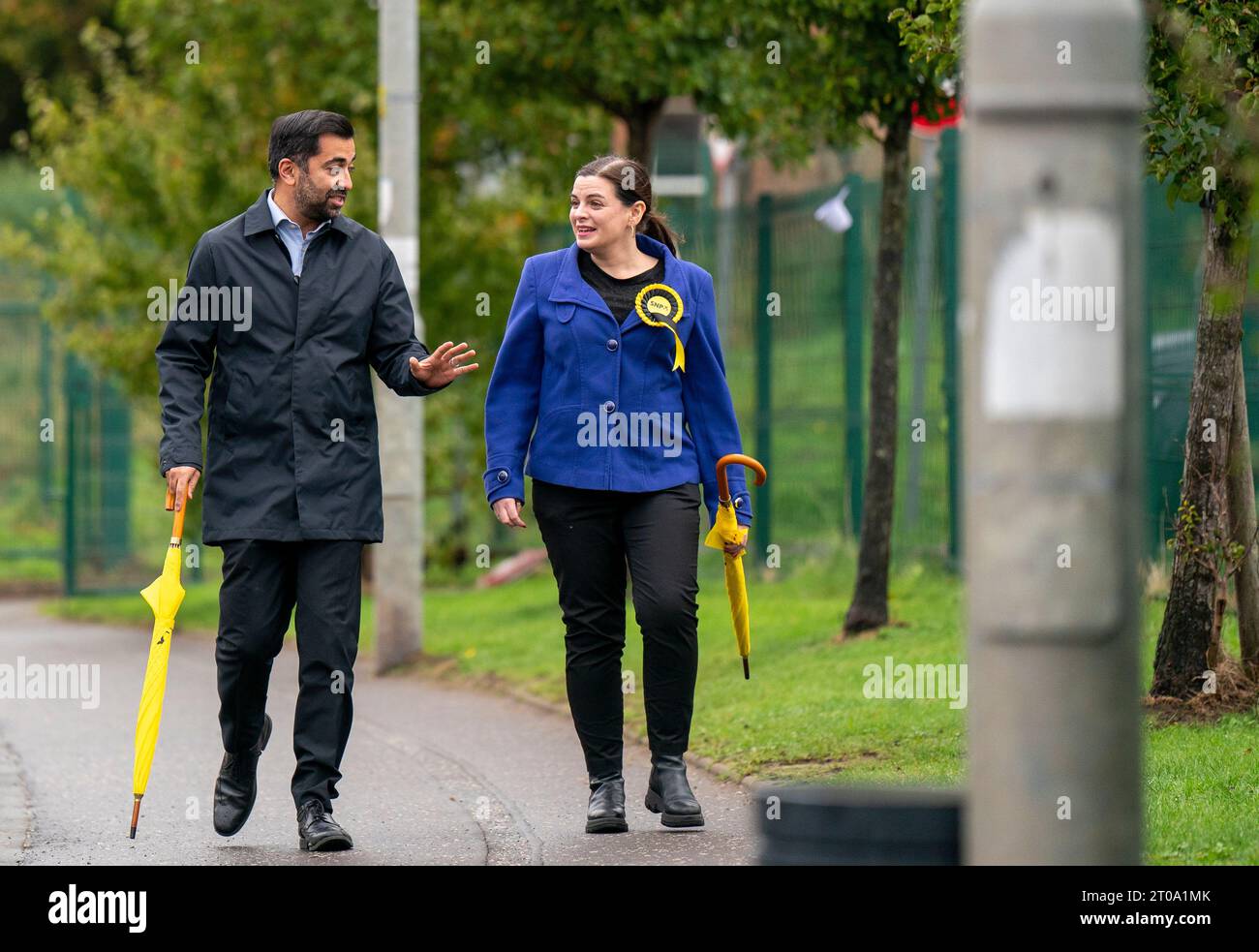 SNP leader Humza Yousaf and SNP candidate Katy Loudon outside the ...