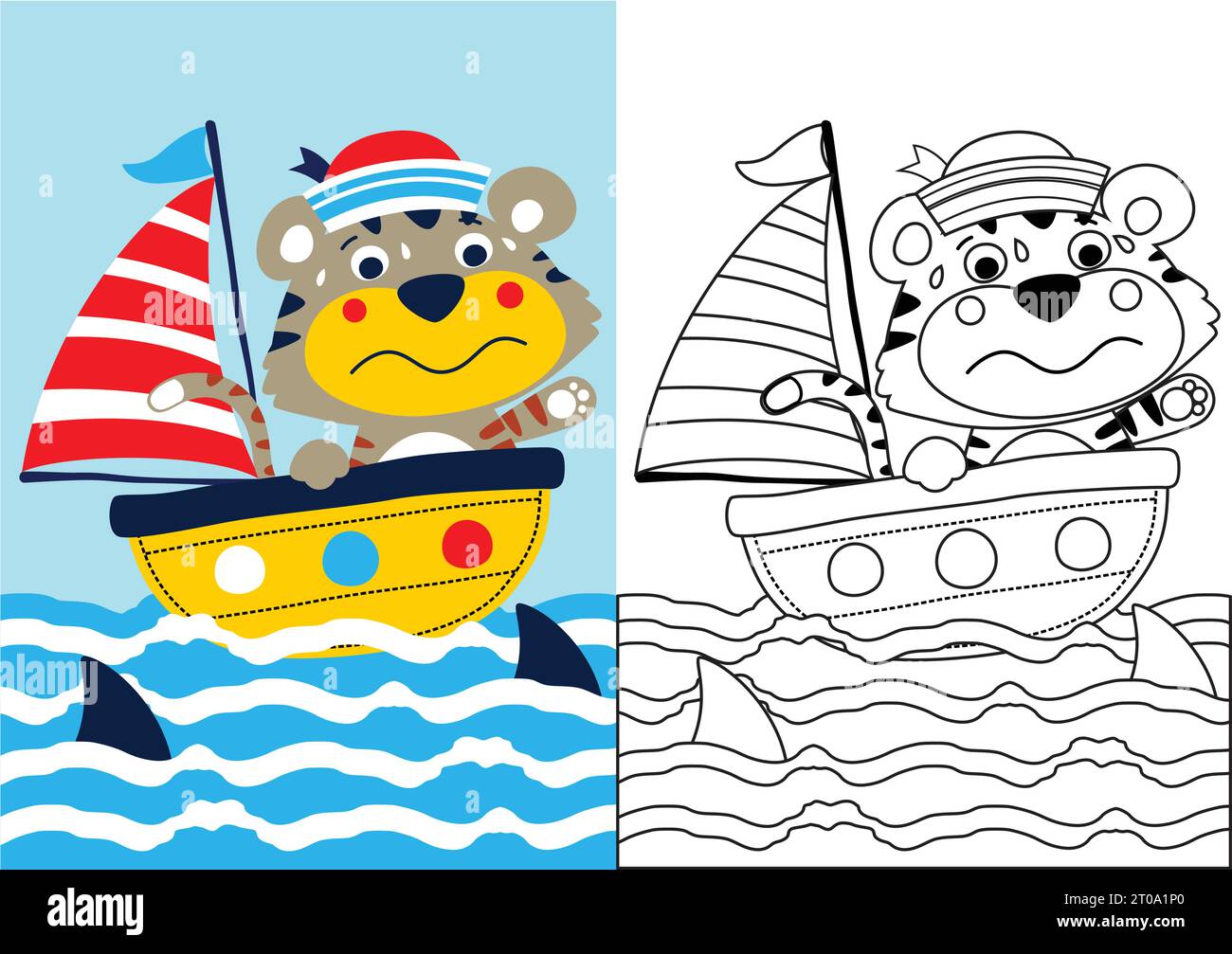 vector cartoon of funny tiger on sailboat under shark attack, coloring ...