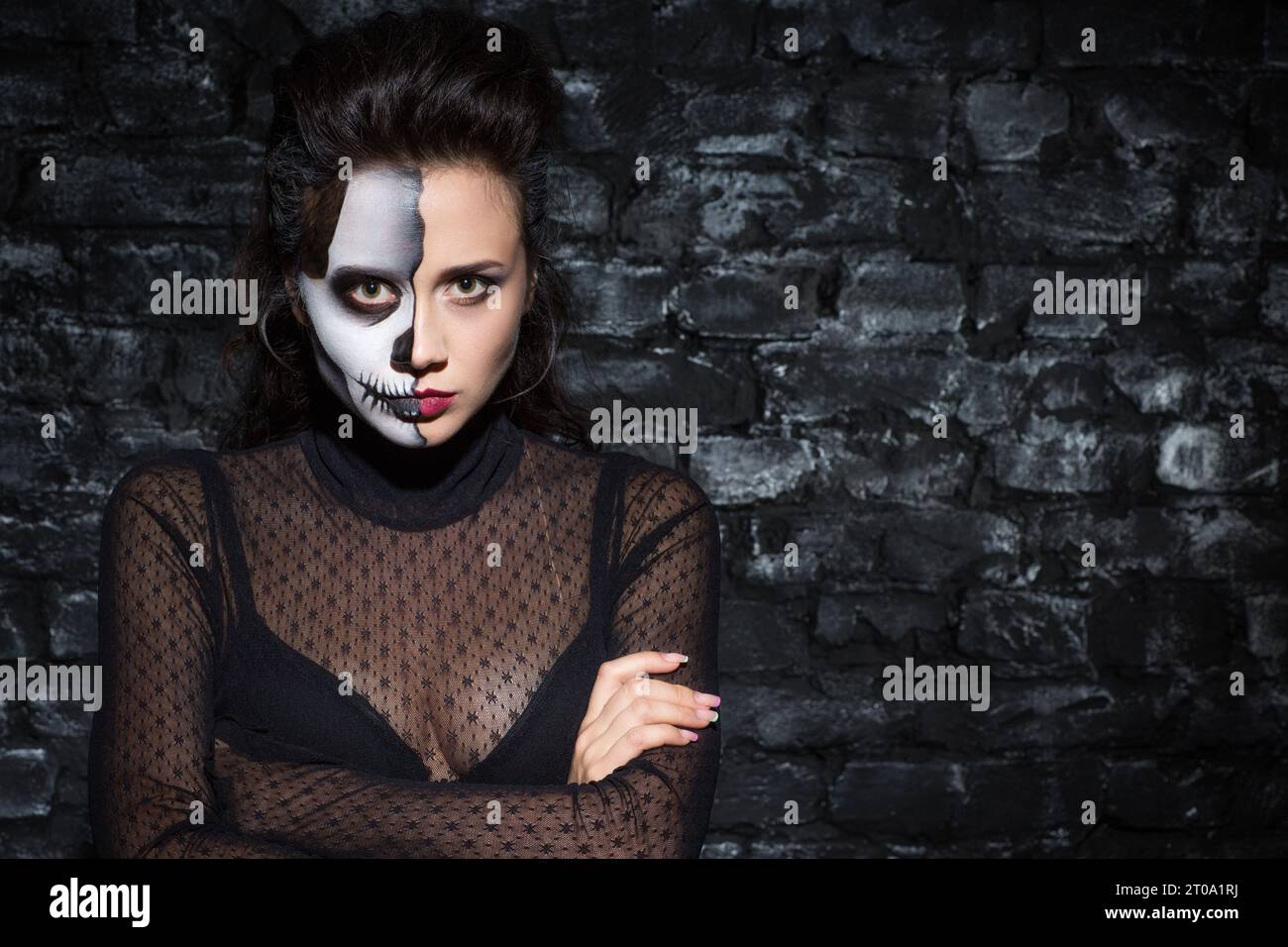 Serious skull makeup woman for Halloween, looking intimidating at ...