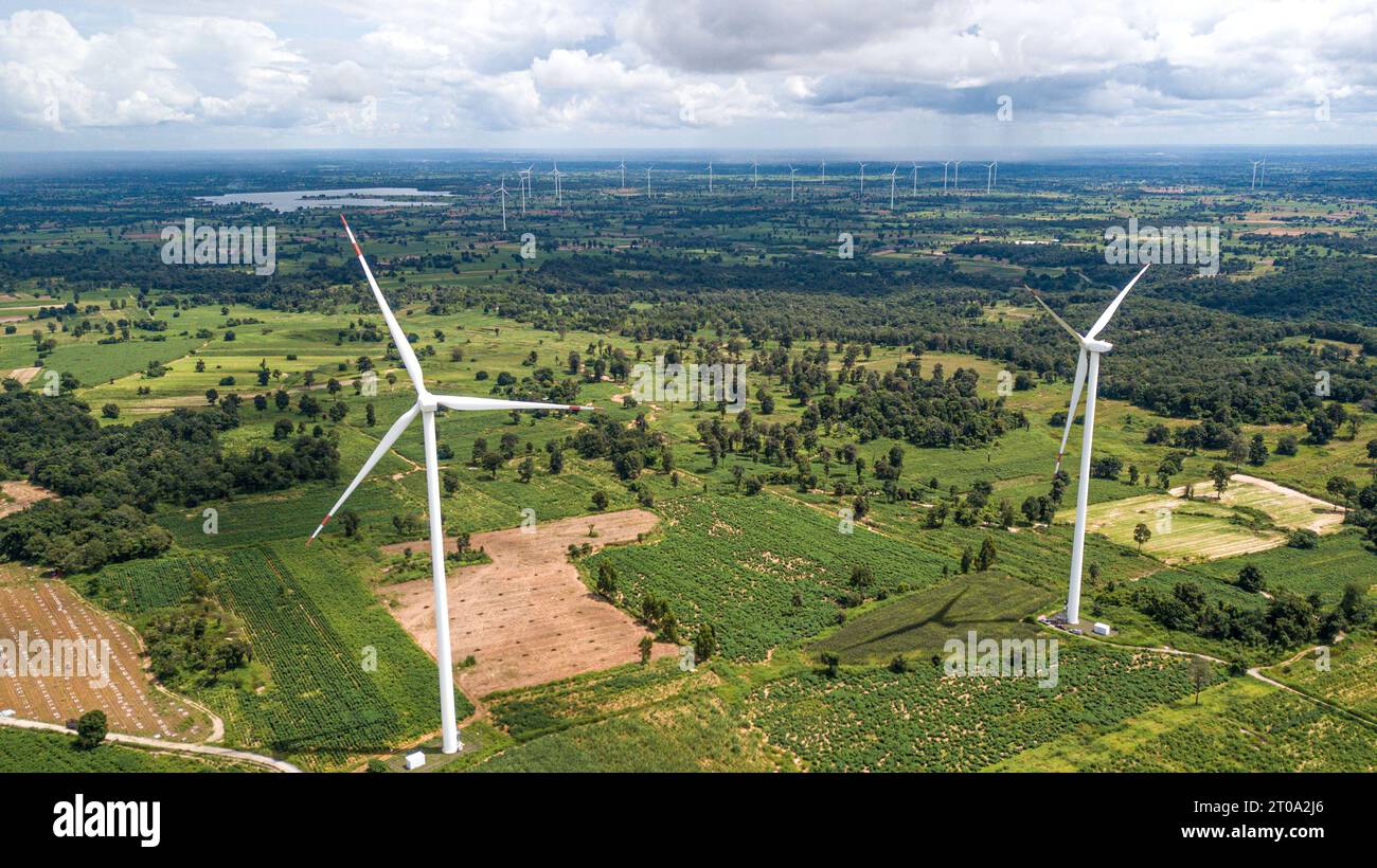 Chaiyaphum. 5th Oct, 2023. This aerial photo taken on Oct. 5, 2023 shows China's Goldwind wind ...