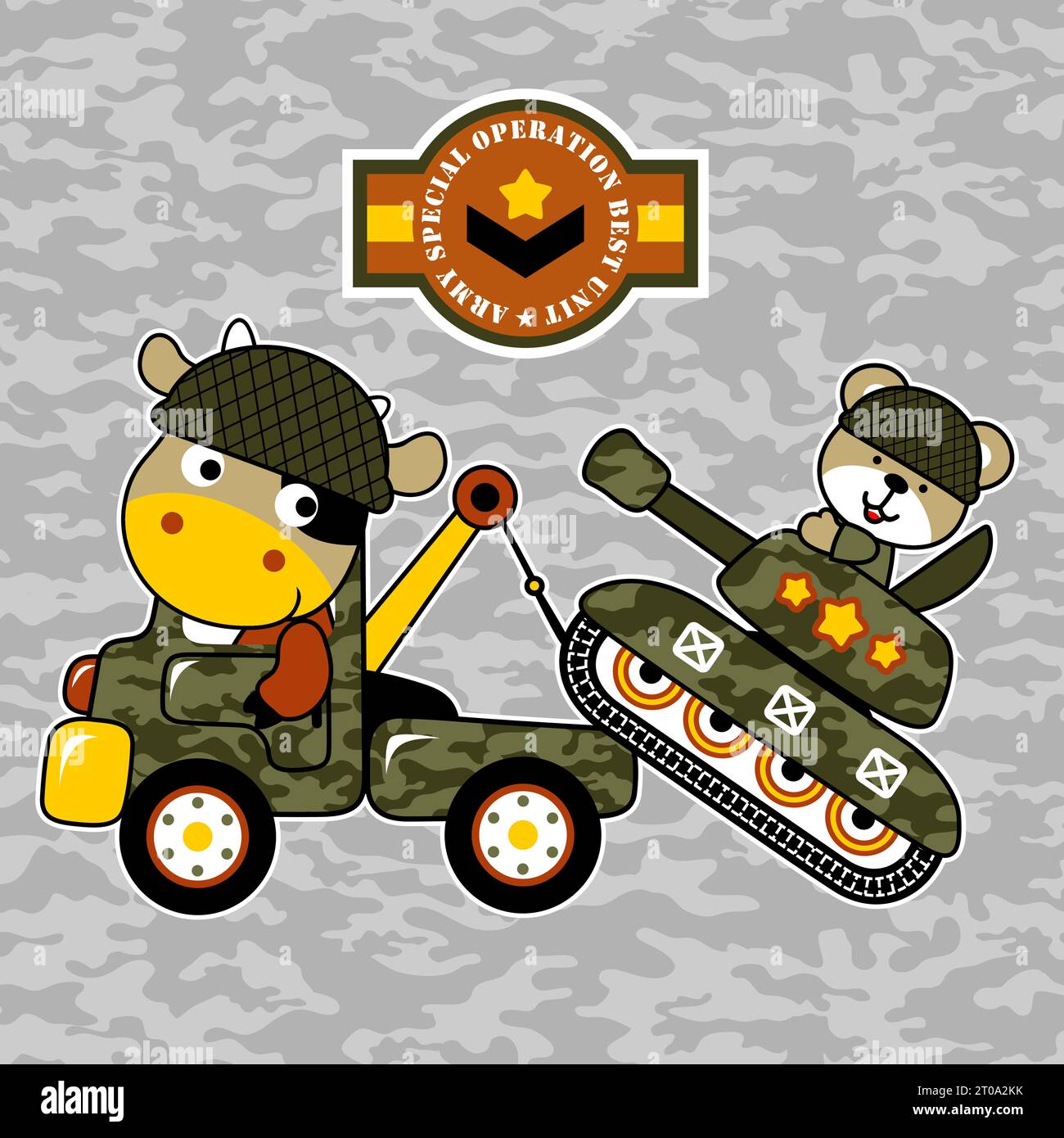 vector cartoon of funny cow driving military tow truck, cute bear on ...